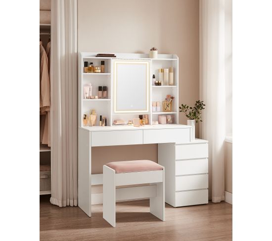 Coiffeuse, Grand Miroir LED à Luminosité Réglable, Étagères Réglables ...