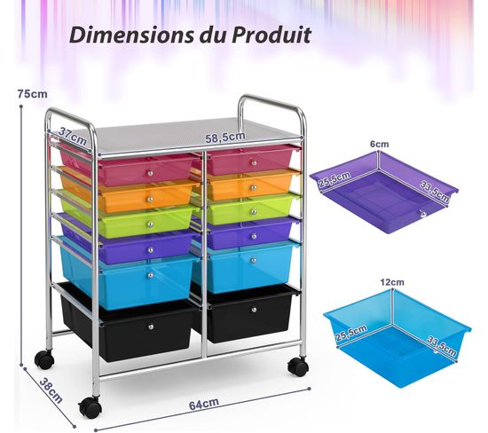 Chariot De Rangement à Roulette 12 Tiroirs En Pp, Tour De Rangement ...