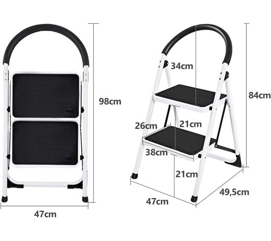 Escabeau 2 Marches Pliant, Echelle Marchepied Antidérapant, 150kg ...