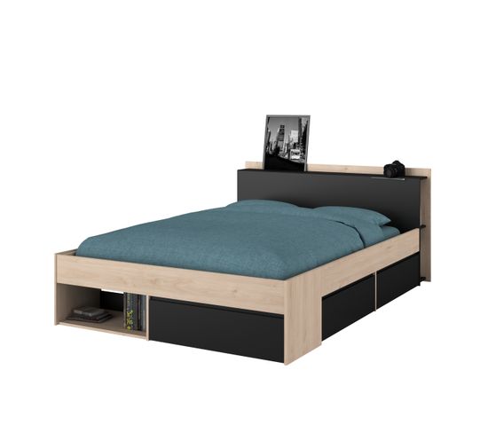 Lit 140x190/200 cm avec rangements PUZZLE imitation chêne et noir - Lit BUT