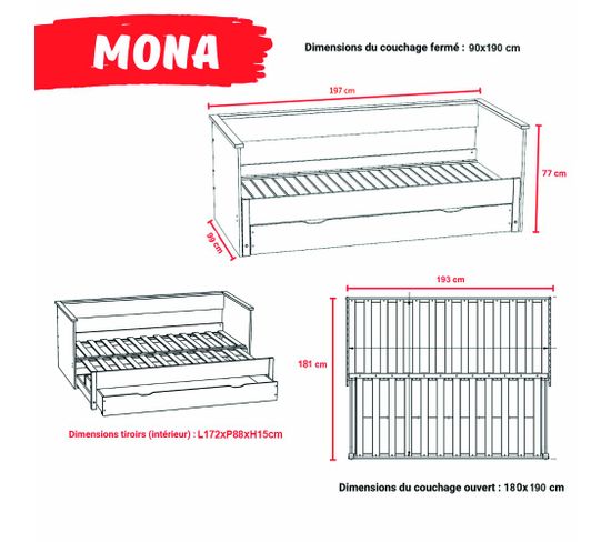 Lit Banquette Extensible 90x190 Inclus Sommiers Et 1 Tiroirs Alice ...