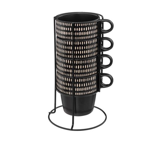 Lot De 4 Mugs En Faïence Déco Sur Rack En Métal Noir - Bol - Mug ...