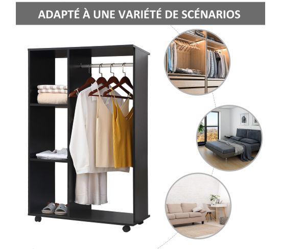 Armoire Penderie De Rangement Sur Roulettes 2 Étagères Noir - Portant ...