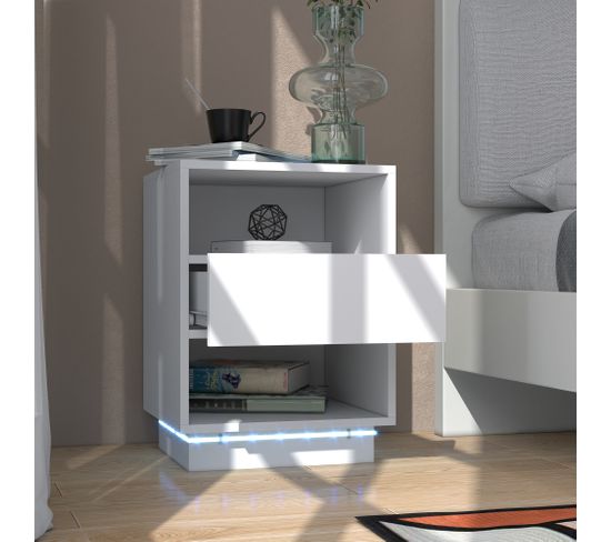 Table De Chevet LED - Tiroir, Niches, Plateau - Blanc Brillant Laqué - Table de chevet BUT