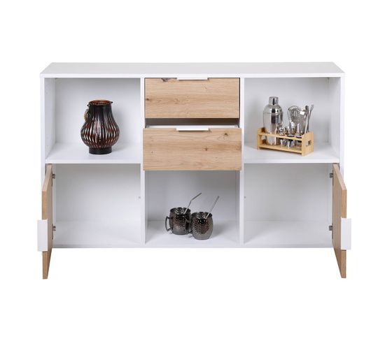Meuble Multi-rangement Blanc Et Effet Bois - Ophely - Meuble d'appoint ...