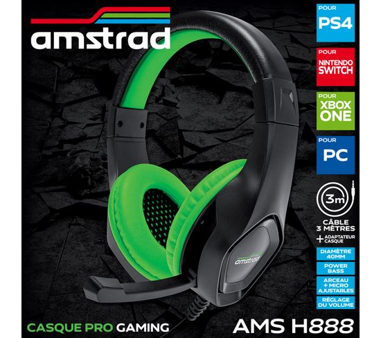 Casque Pro Gamer Ams H888 Green 40mm Power Bass Avec Micro Intégré ...