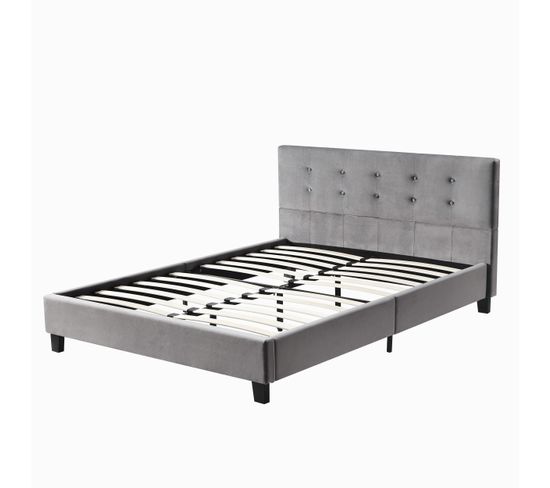 Lit 140 x 190 cm avec sommier RIVIERA en velours gris - Lit BUT