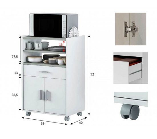 Meuble Pour Micro-ondes Sur Roulette En Bois Mélaminé Blanc Effet Béton ...
