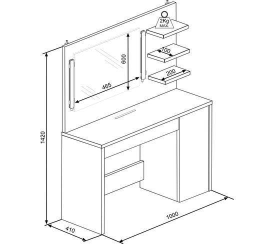 Coiffeuse multi rangements KHADI avec LED réglable blanc et imitation ...