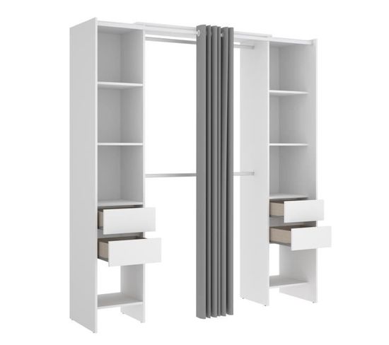 Dressing Extensible Avec Rideau + 4 Tiroirs - Décor Blanc - L 180-113 X ...