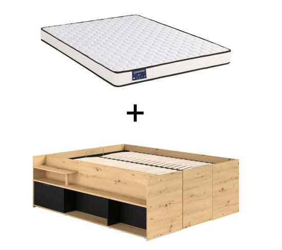 Lit relevable 140x190/200 cm TRAVEL chêne et noir + Matelas HARO roulé ...
