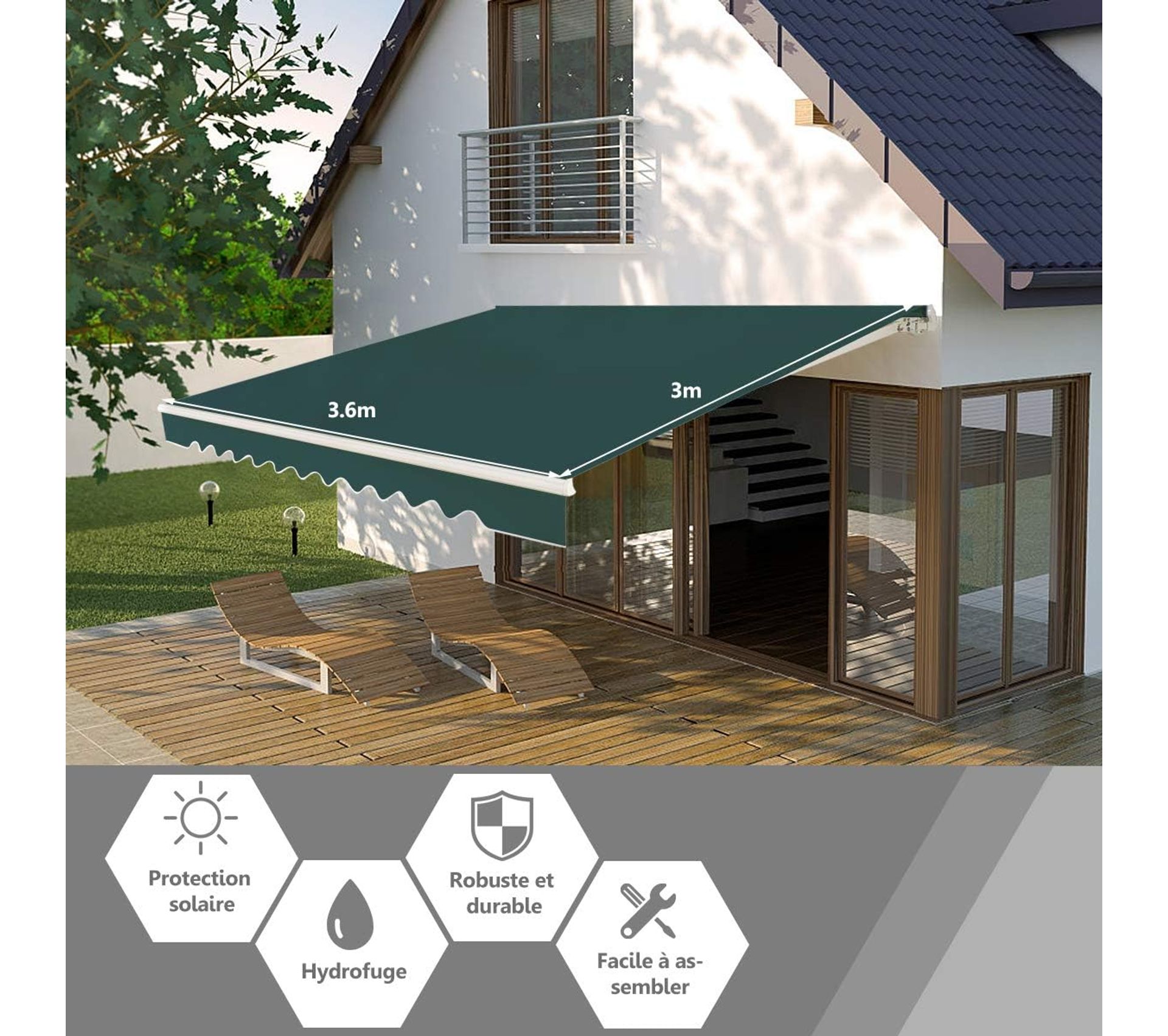 Store Banne De Balcon Rétractable 3,6 X 3m Avec Tissu Résistant Aux Uv ...