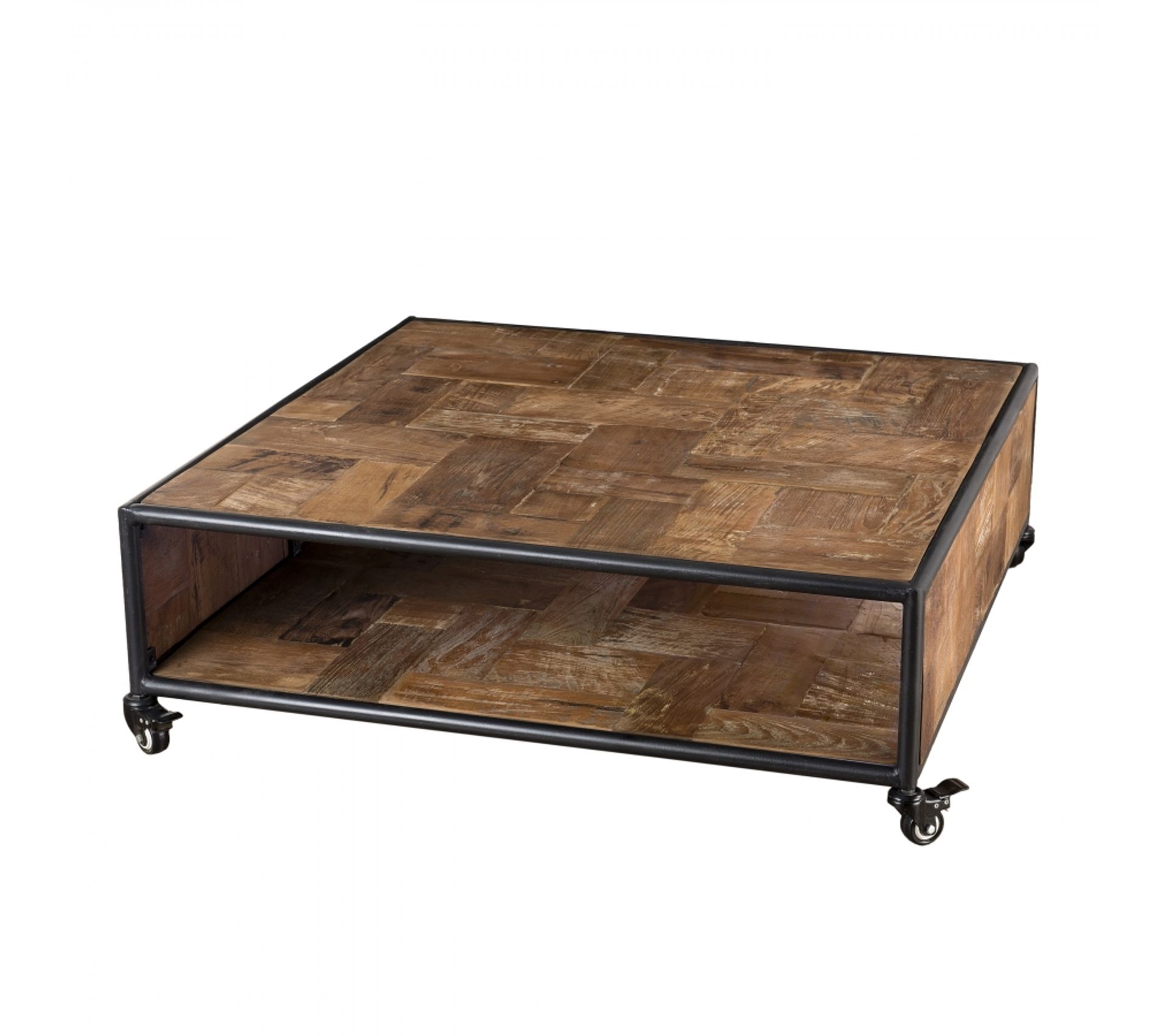 Table Basse Bois Carrée À Roulettes 1 Étagère Teck Recyclé Et Métal