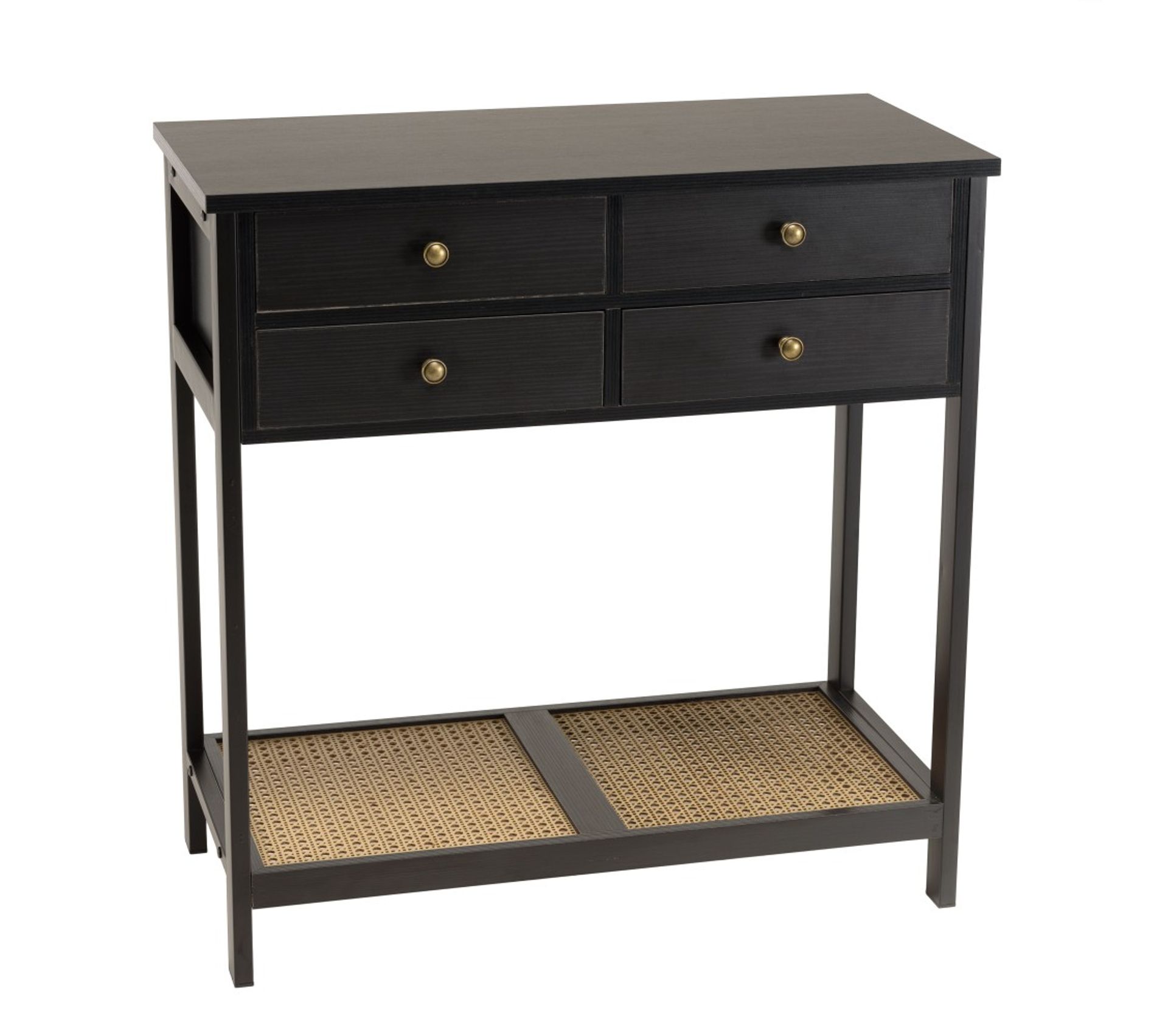 Charlie - Console Noire 4 Tiroirs 1 Étagère Effet Cannage - Table ...
