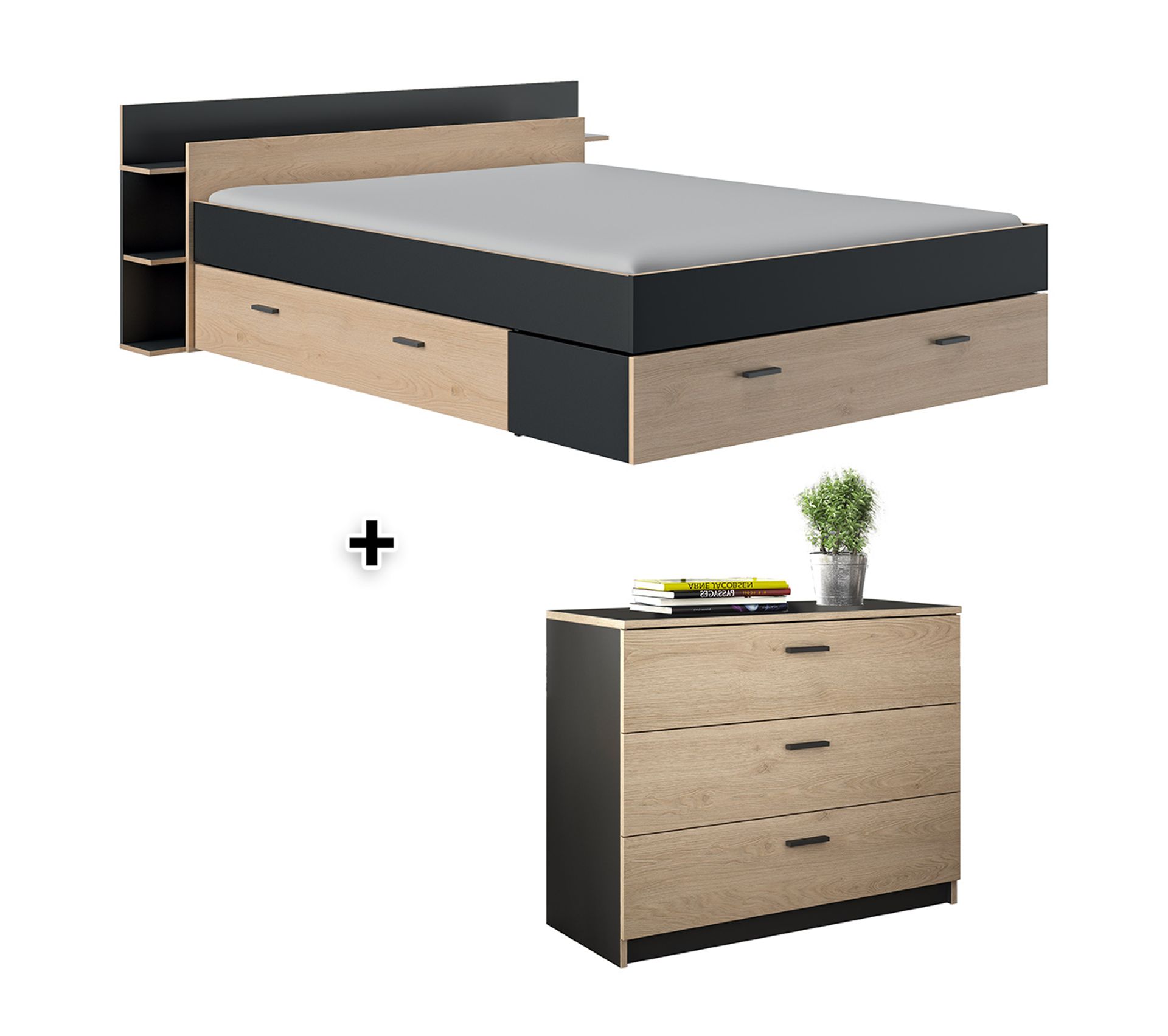 Ensemble lit TONIGHT 160 x 200 cm + commode 3 tiroirs en imitation ...