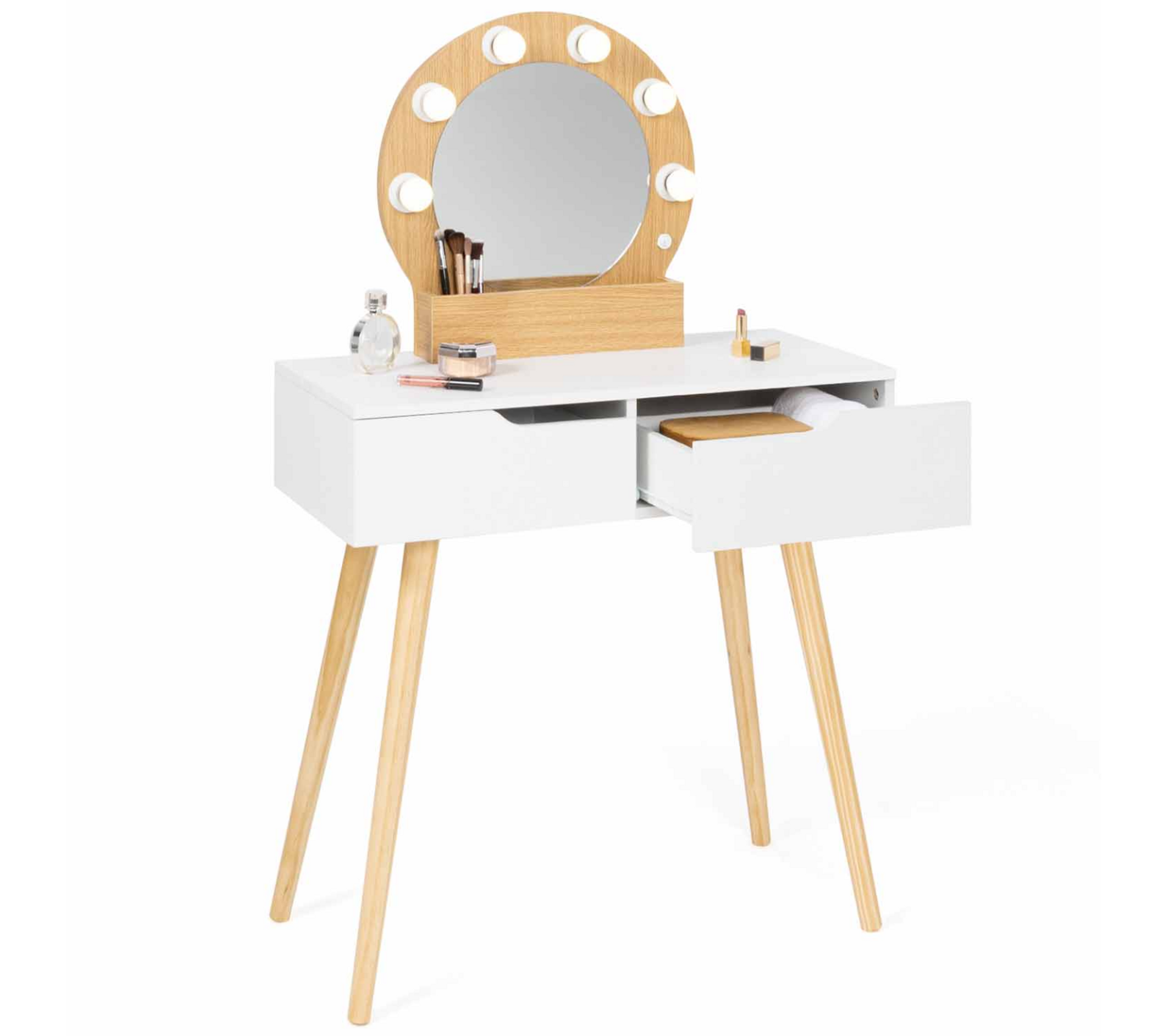 Coiffeuse Scandinave 2 Tiroirs Horia Bois Et Blanc Avec Miroir Led ...