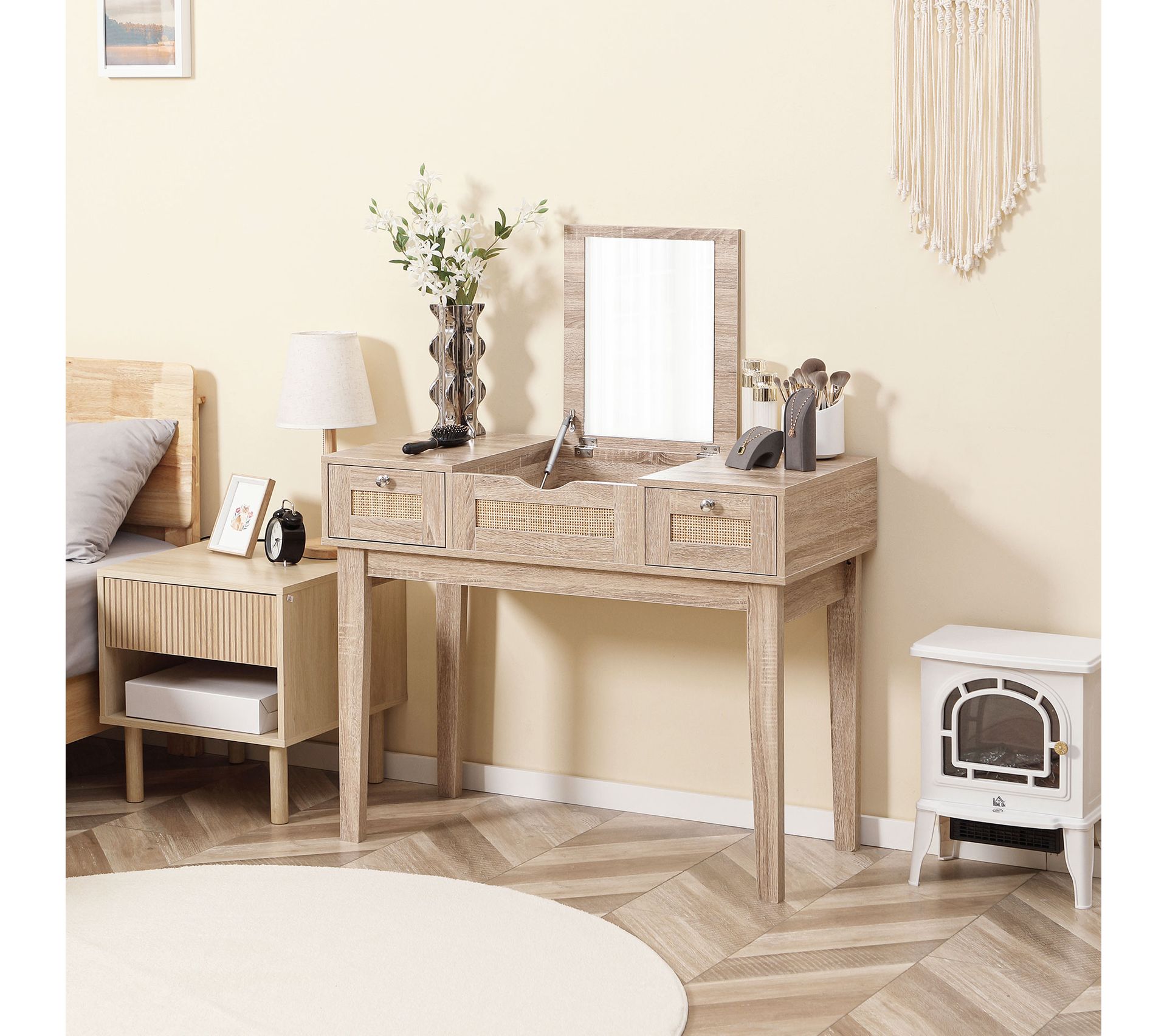 Coiffeuse Bohème Chic - 2 Tiroirs, Compartiment Miroir - Cannage Bois ...