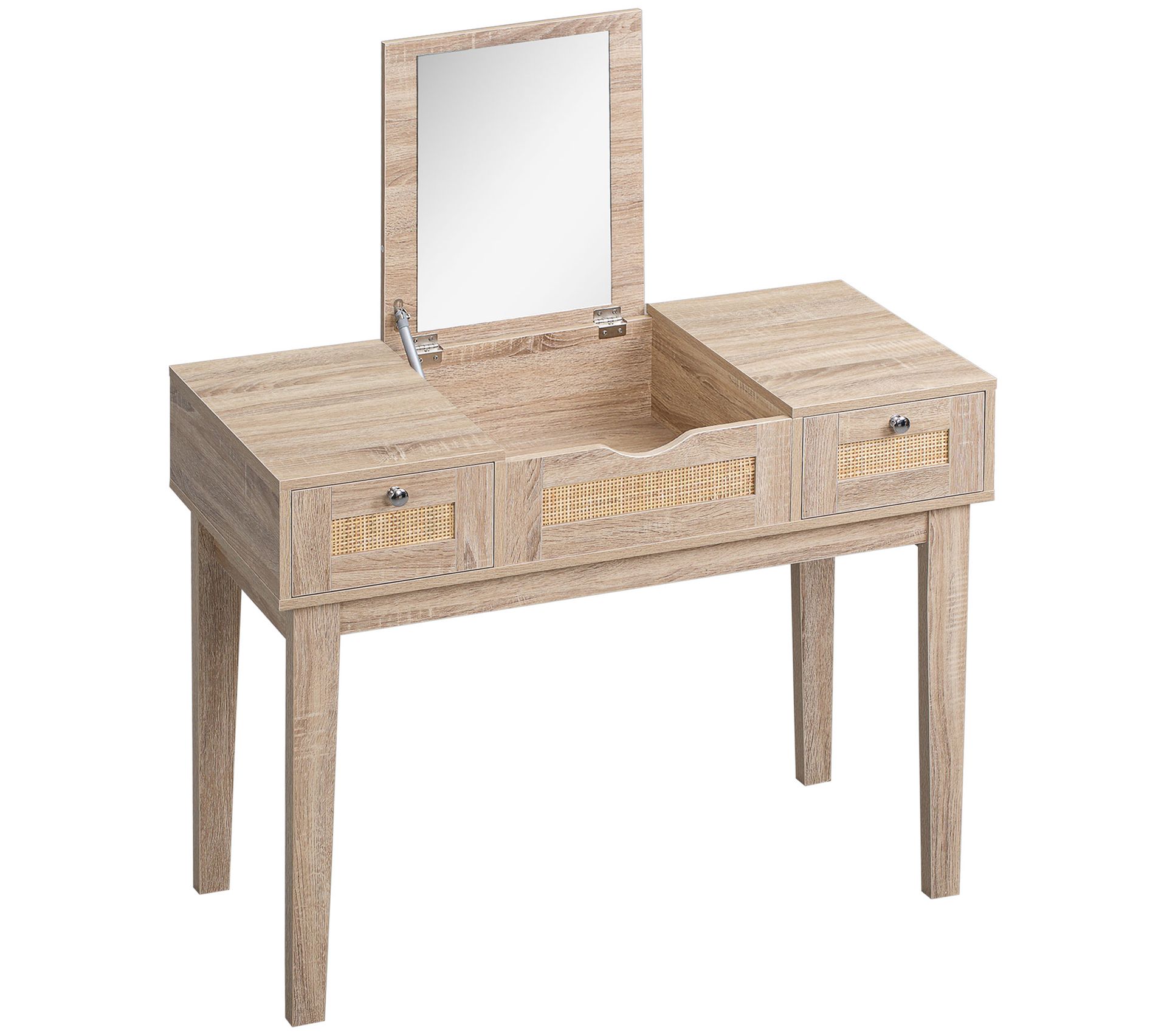 Coiffeuse Bohème Chic - 2 Tiroirs, Compartiment Miroir - Cannage Bois ...