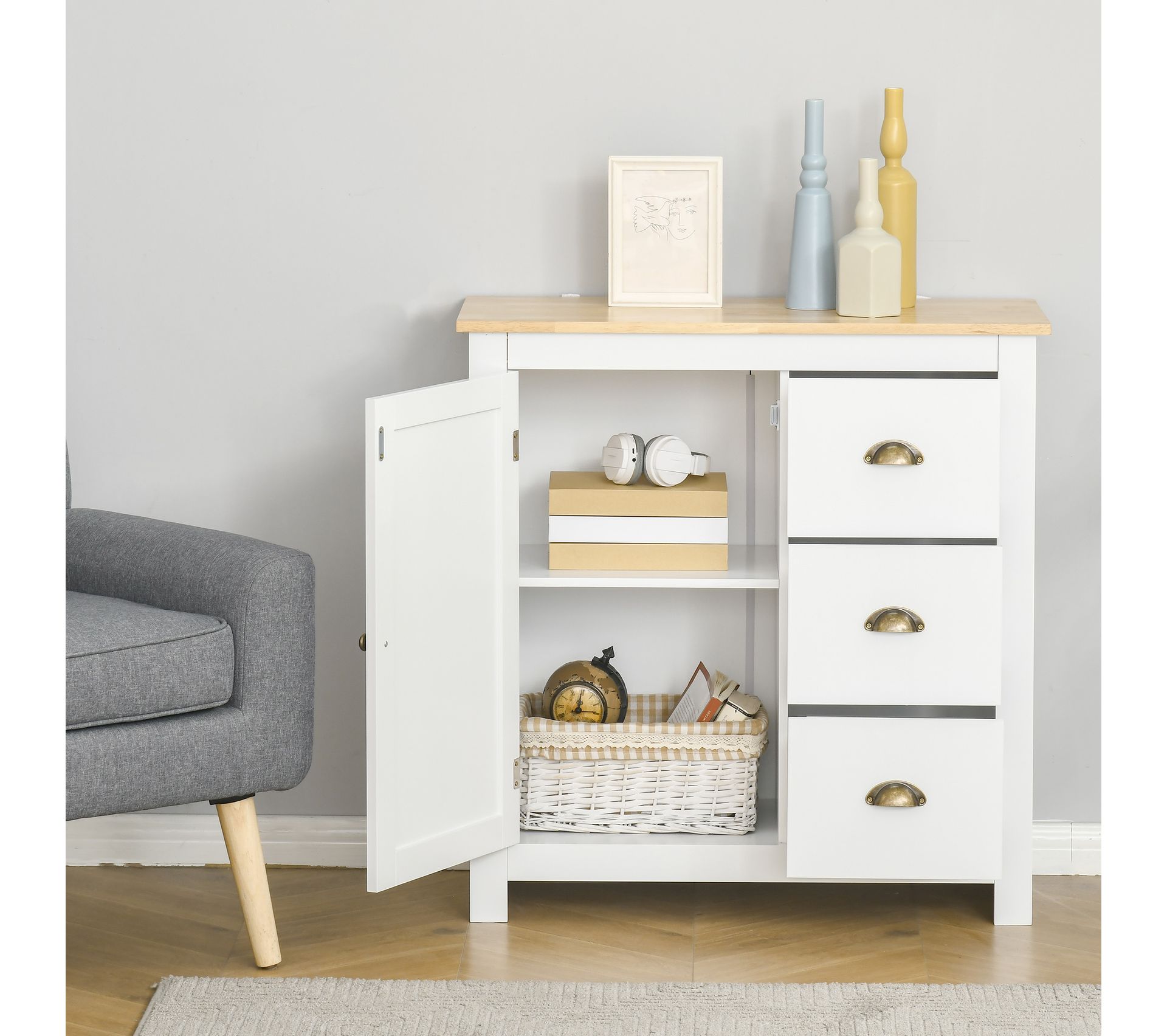 Commode 3 Tiroirs Une Porte Design Néo-rétro Blanc Bois Hévéa - Commode ...