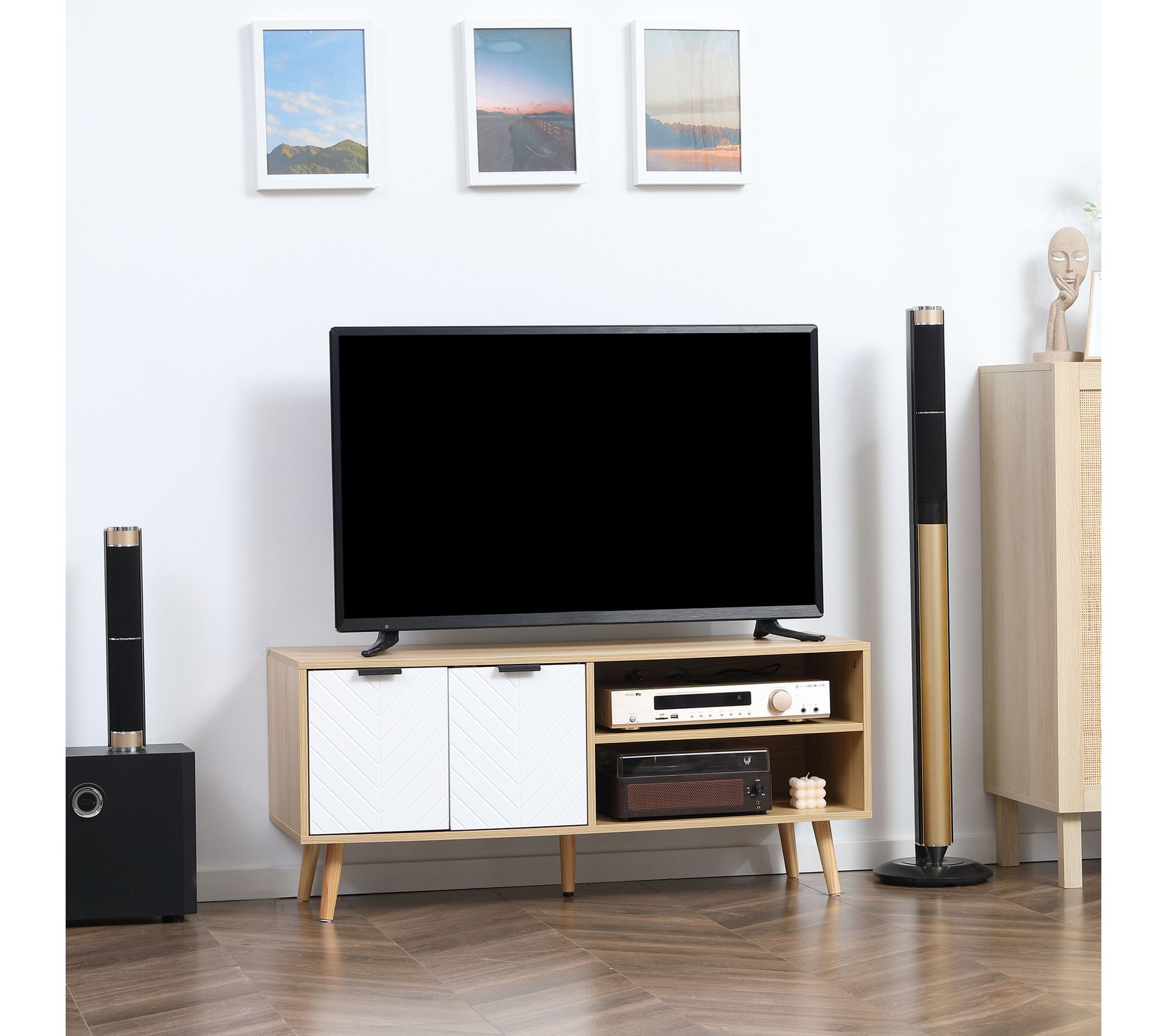 Meuble TV Bas Sur Pied Style Scandinave Blanc Aspect Bois Clair ...