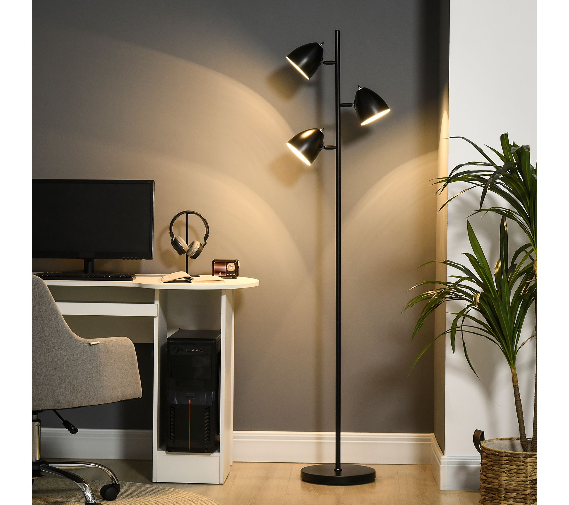 Lampadaire Design Industriel 3 Abats-jours Orientables Acier Noir ...