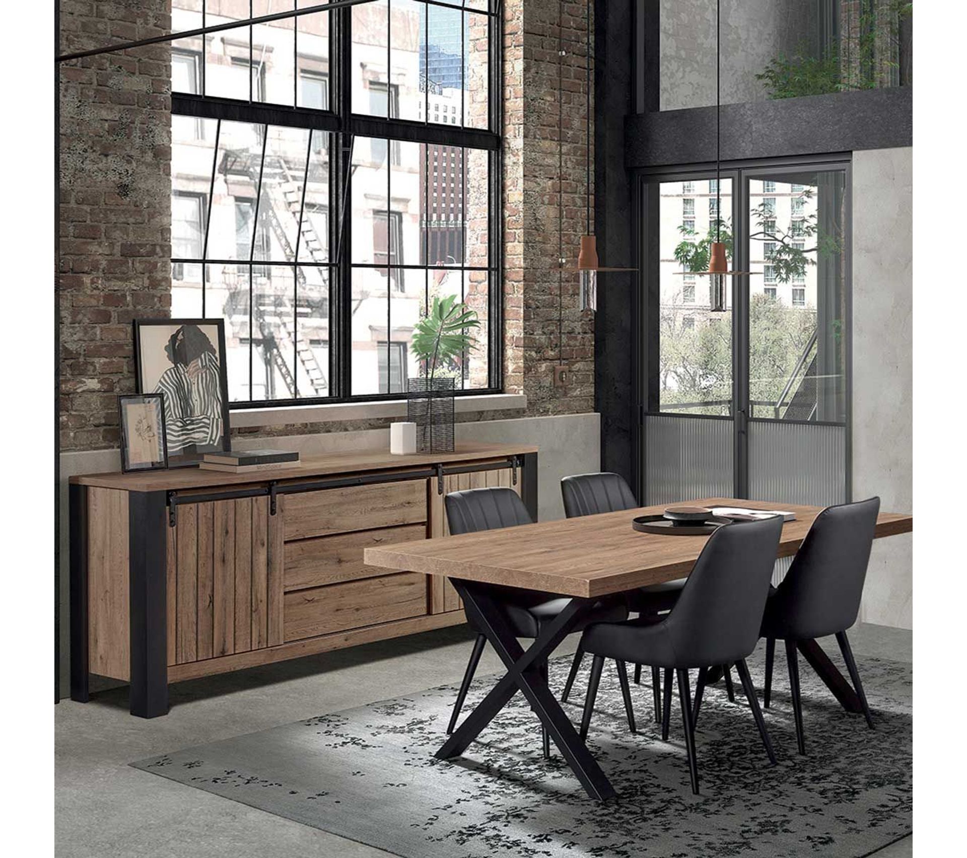 Ensemble Buffet Et Table 200cm Aspect Bois Piètement X Métal Noir ...