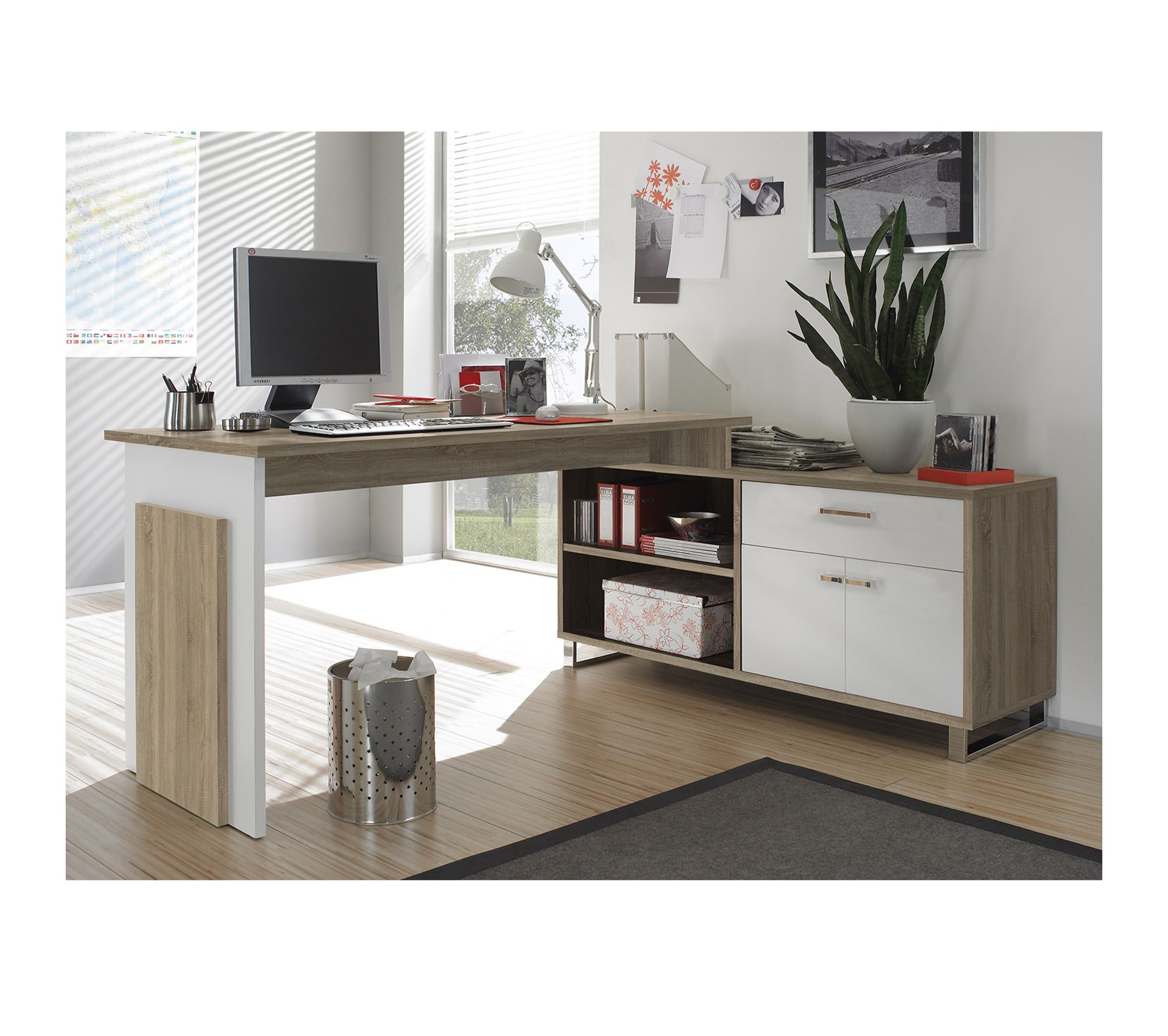 Table De Bureau D'angle En Bois Mdf Coloris Chêne Sonoma, Blanc - L ...