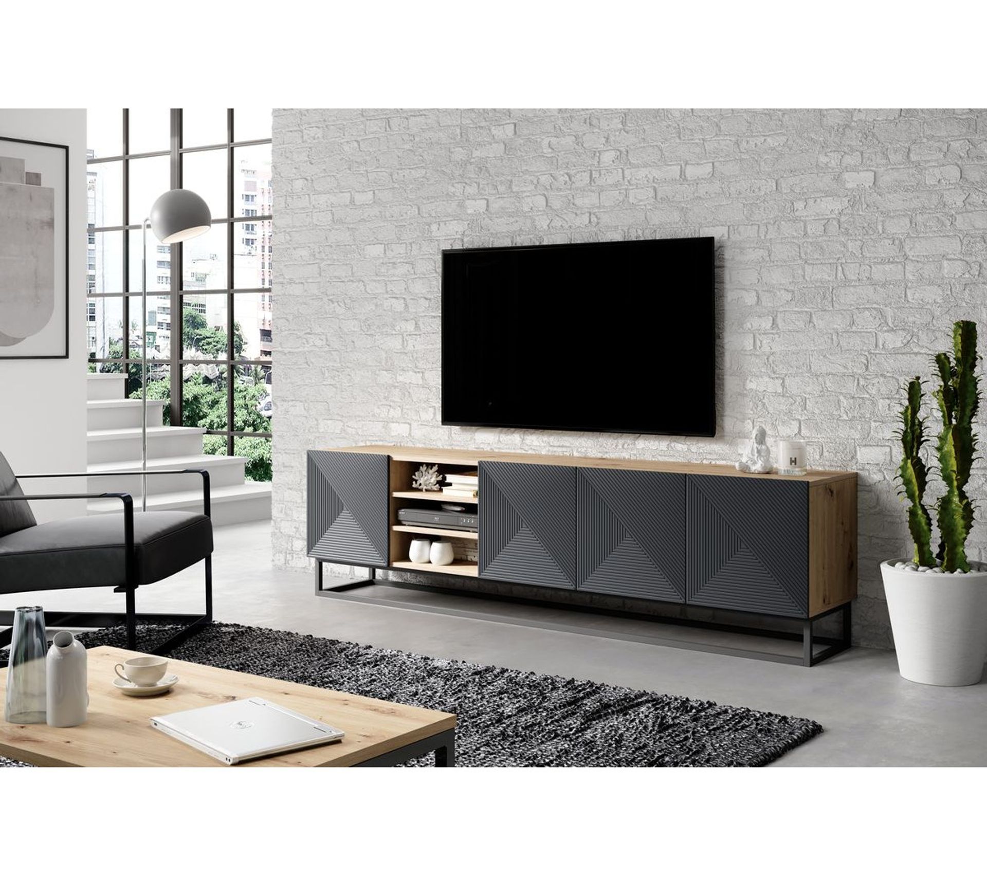 Meuble TV Avec Niche 200 Cm Alice Pieds En Métal Gris Clair Moderne ...