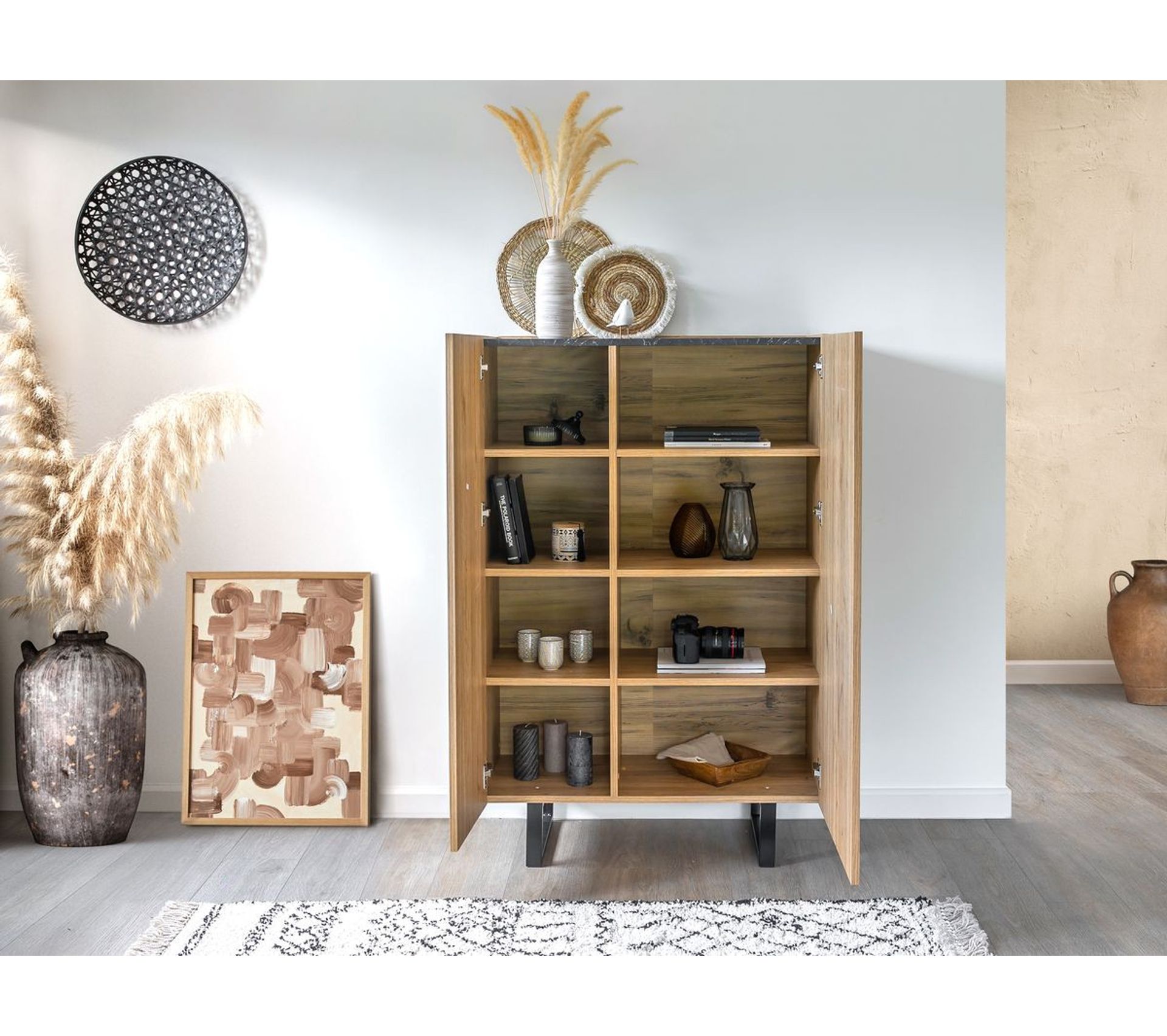 Buffet Haut 2 Portes 90 Cm Opera Effet Chêne Et Imitation Marbre Noir ...