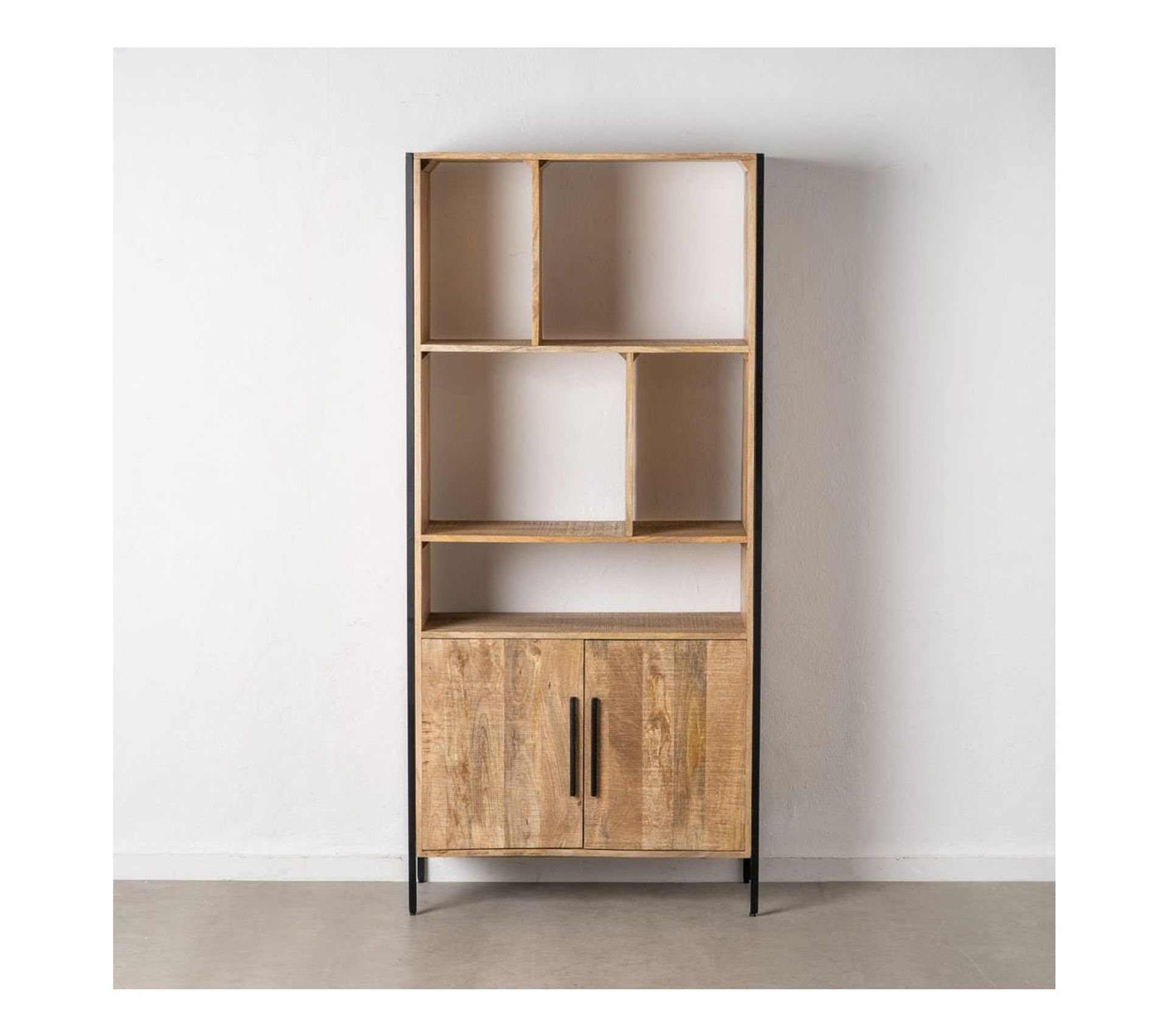 Etagère 5 Niches 2 Portes Bois Brut/noir - Sophia - Bibliothèque et ...