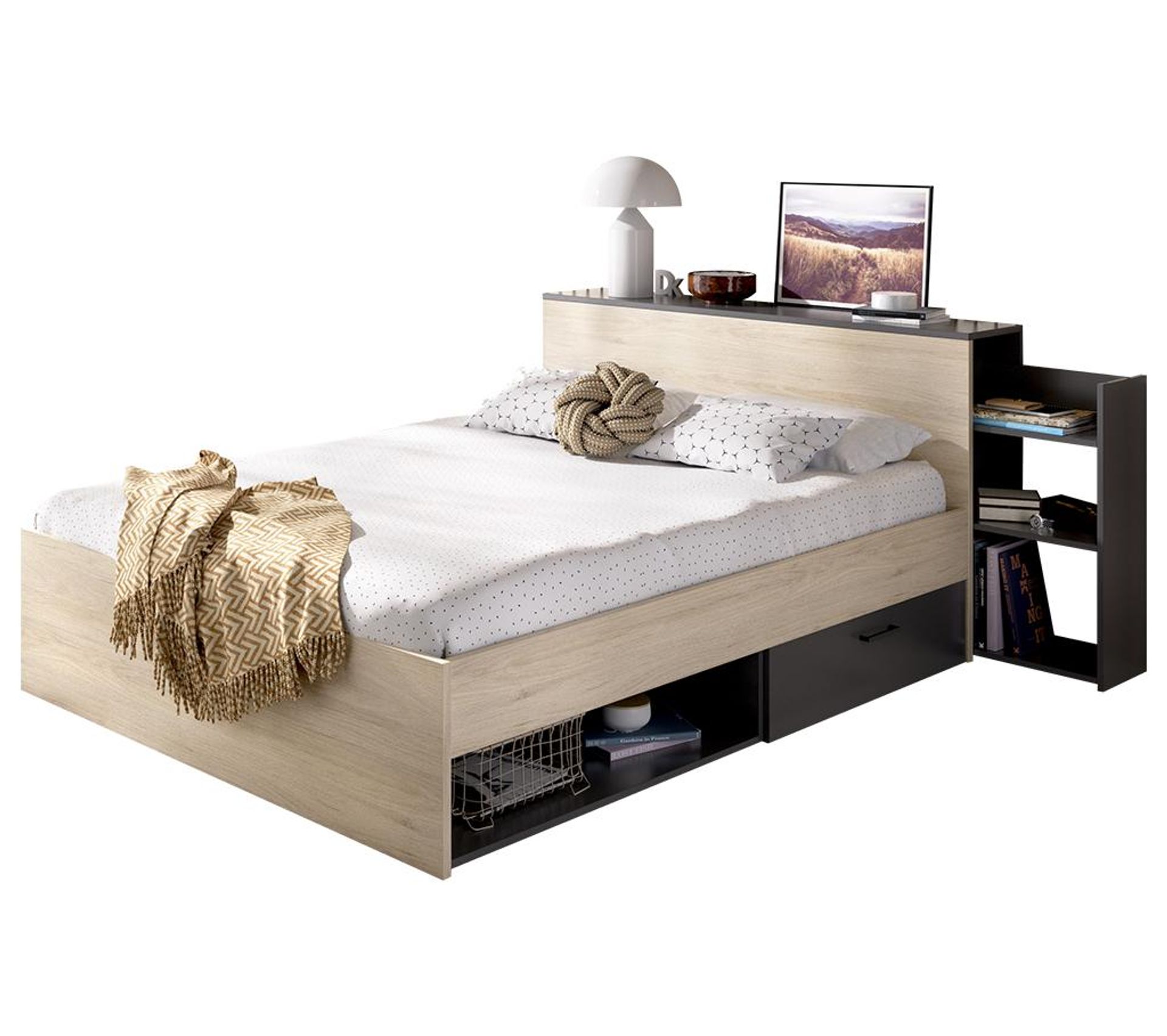 Lit Avec Tête De Lit Rangements Et Tiroirs 140 X 190 Cm - Coloris ...