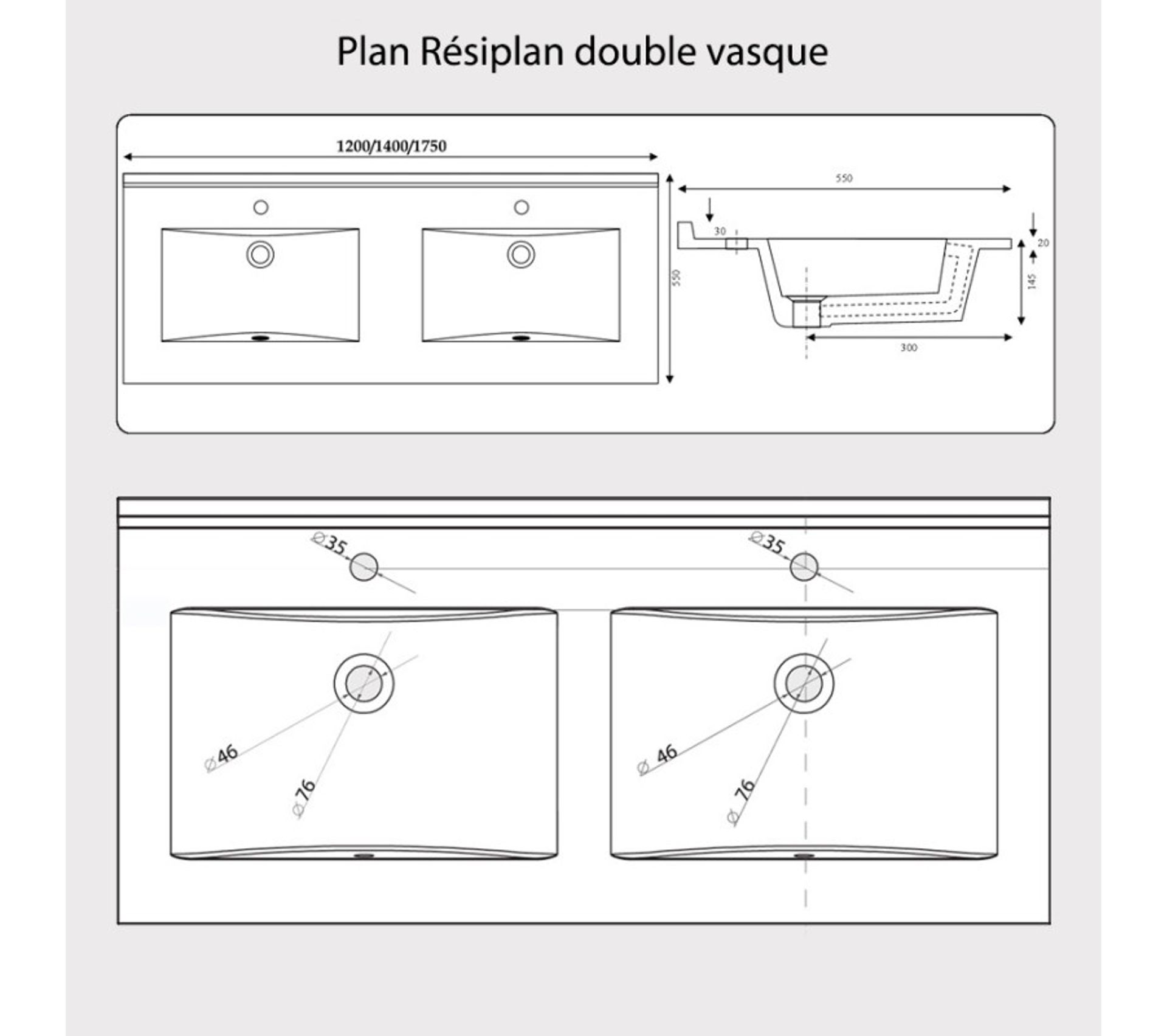 Plan Double Vasque En Résine De Synthèse Resiplan - 120 Cm - Lavabo ...