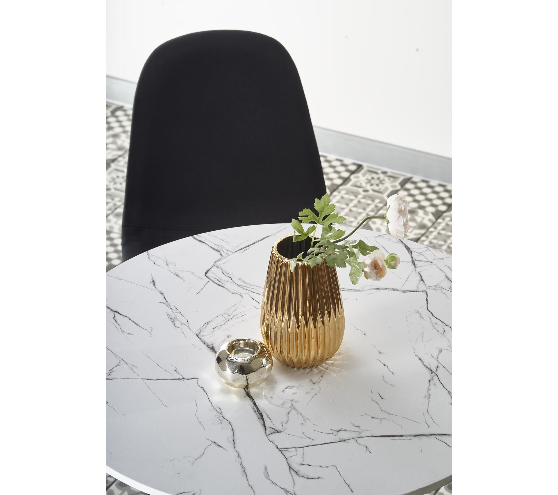 Table Ronde 80 Cm Blanche Avec Plateau Aspect Marbre Et Pied En Métal ...