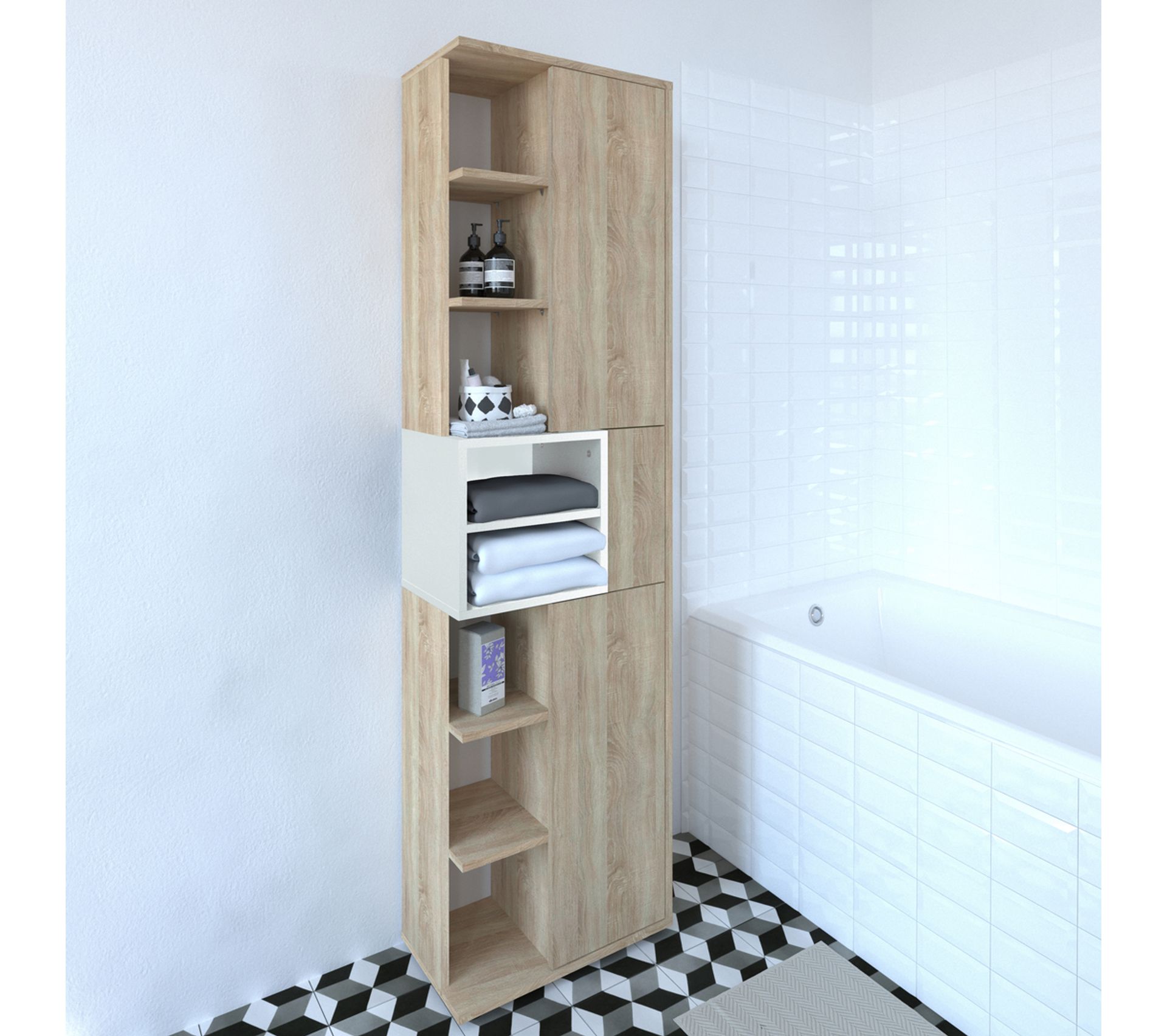 Colonne De Salle Bain Kube L 50 Cm - Décor Chene Naturel Et Blanc Mat - Colonne de salle de bain BUT