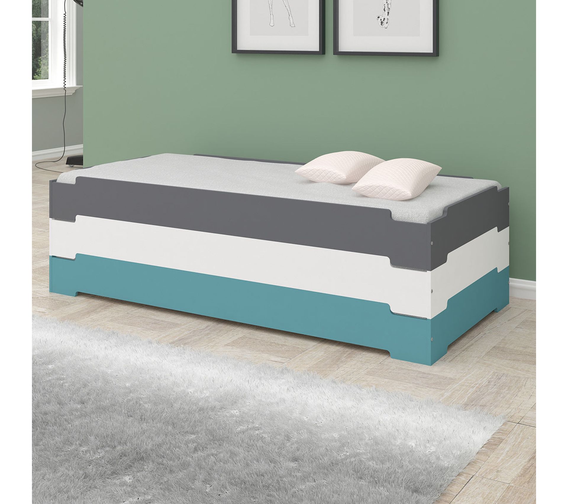 Pack Lit Empilable Avec Sommier Et Matelas Stack Gris 90x190 Cm - Lit ...