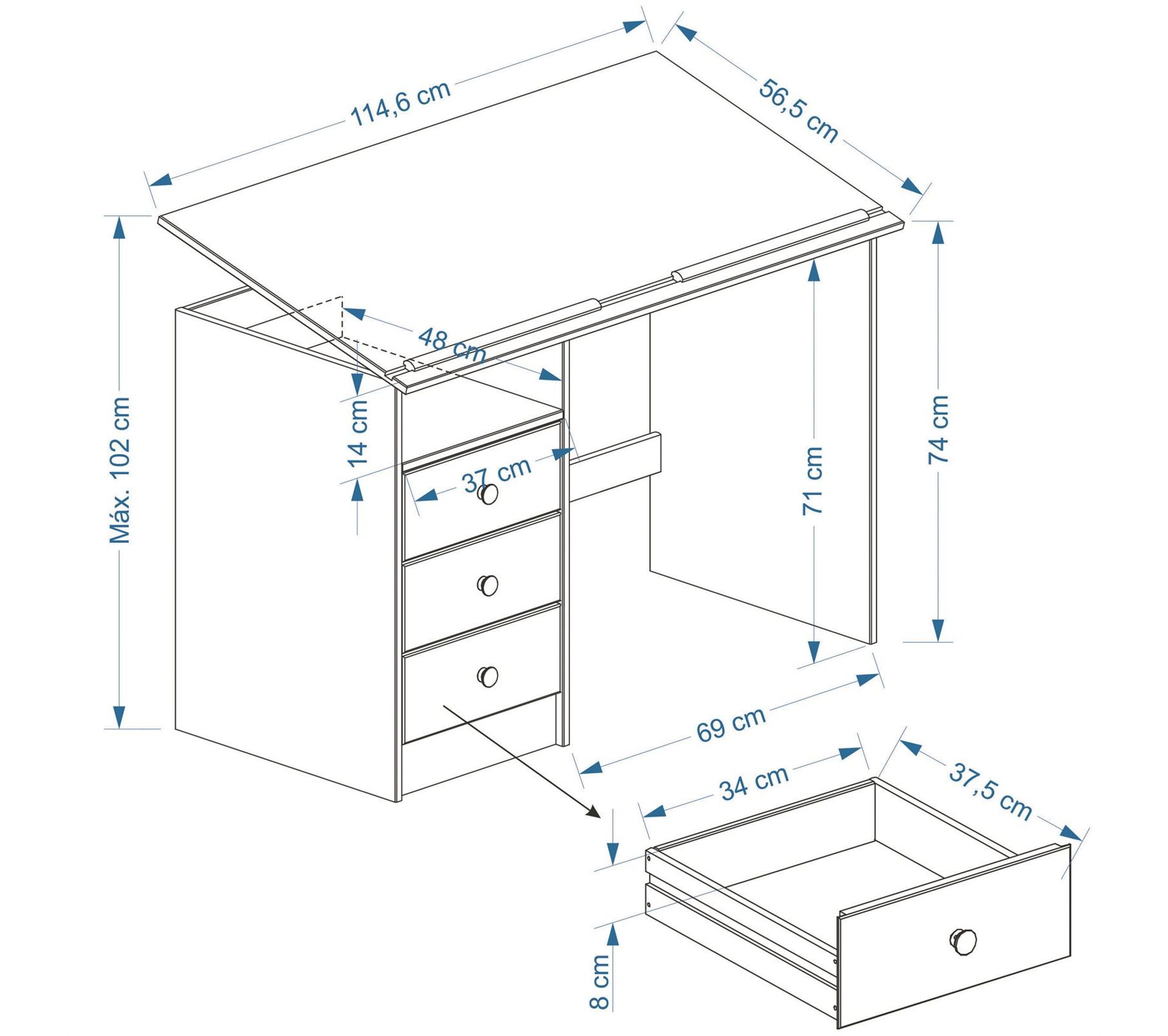 Bureau Enfant Kevin, En Pin Massif, 3 Tiroirs Et Plateau Inclinable ...