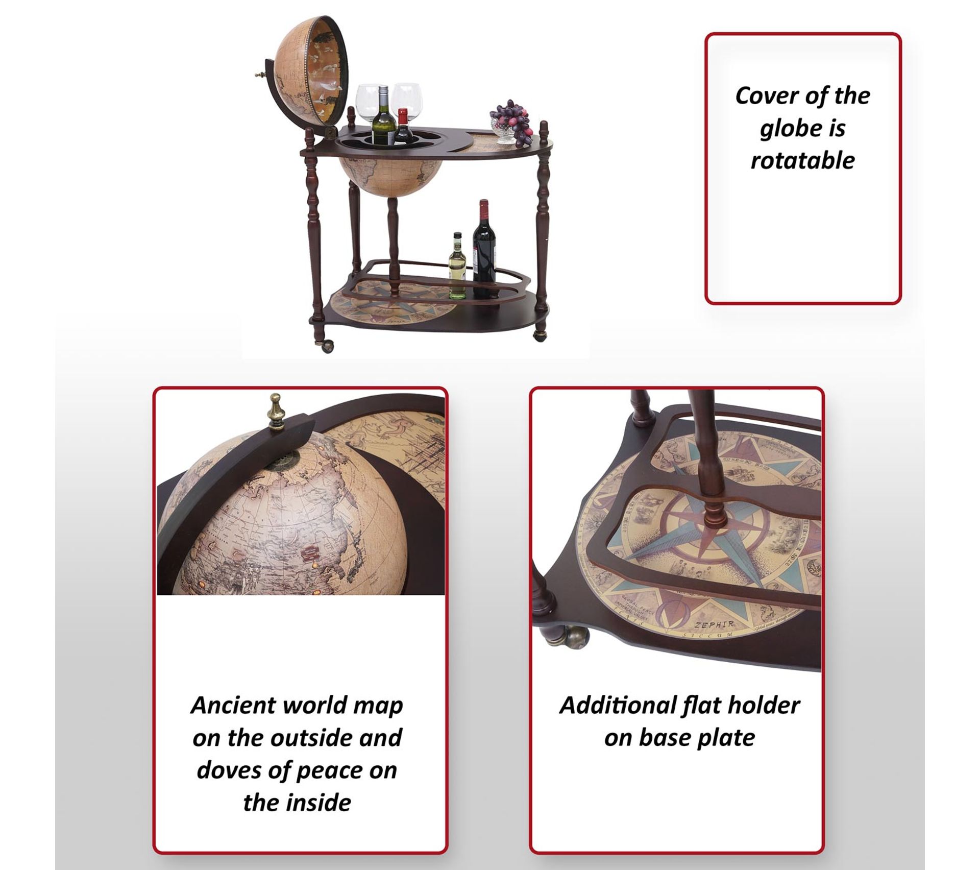 Globe Terrestre, Bar De Salon Hwc-t875, Minibar Roulant, Bois D ...