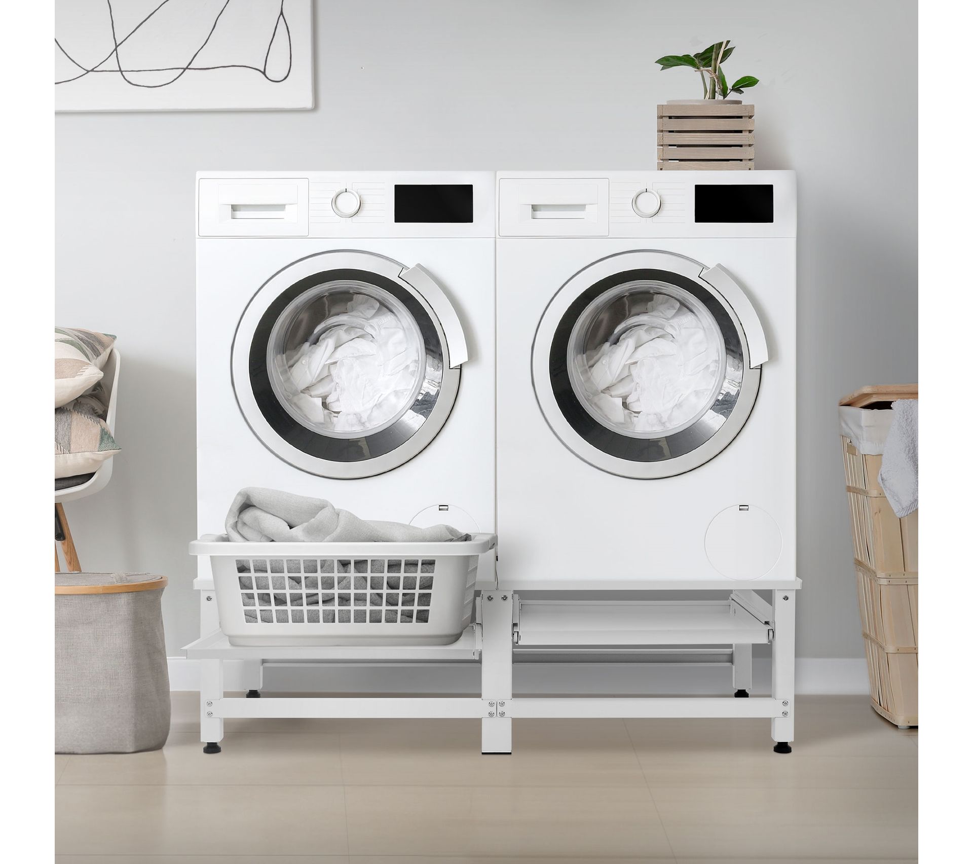 Socle Machine À Laver Double Avec Étagère Base Sèche-linge Blanc 150 Kg ...