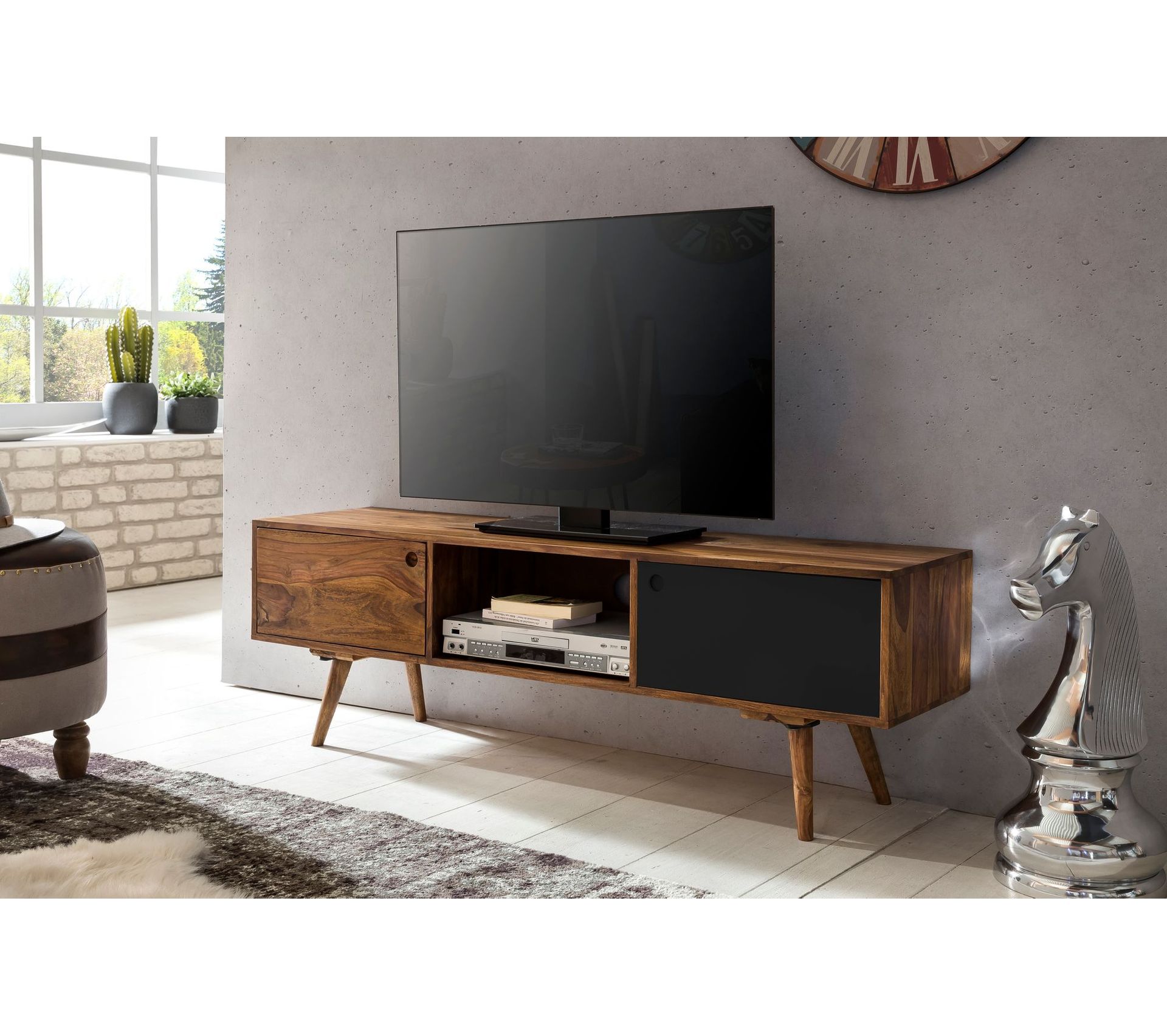 Meuble TV Bois Massif 140x45x35cm Lowboard TV Commode Étagère ...