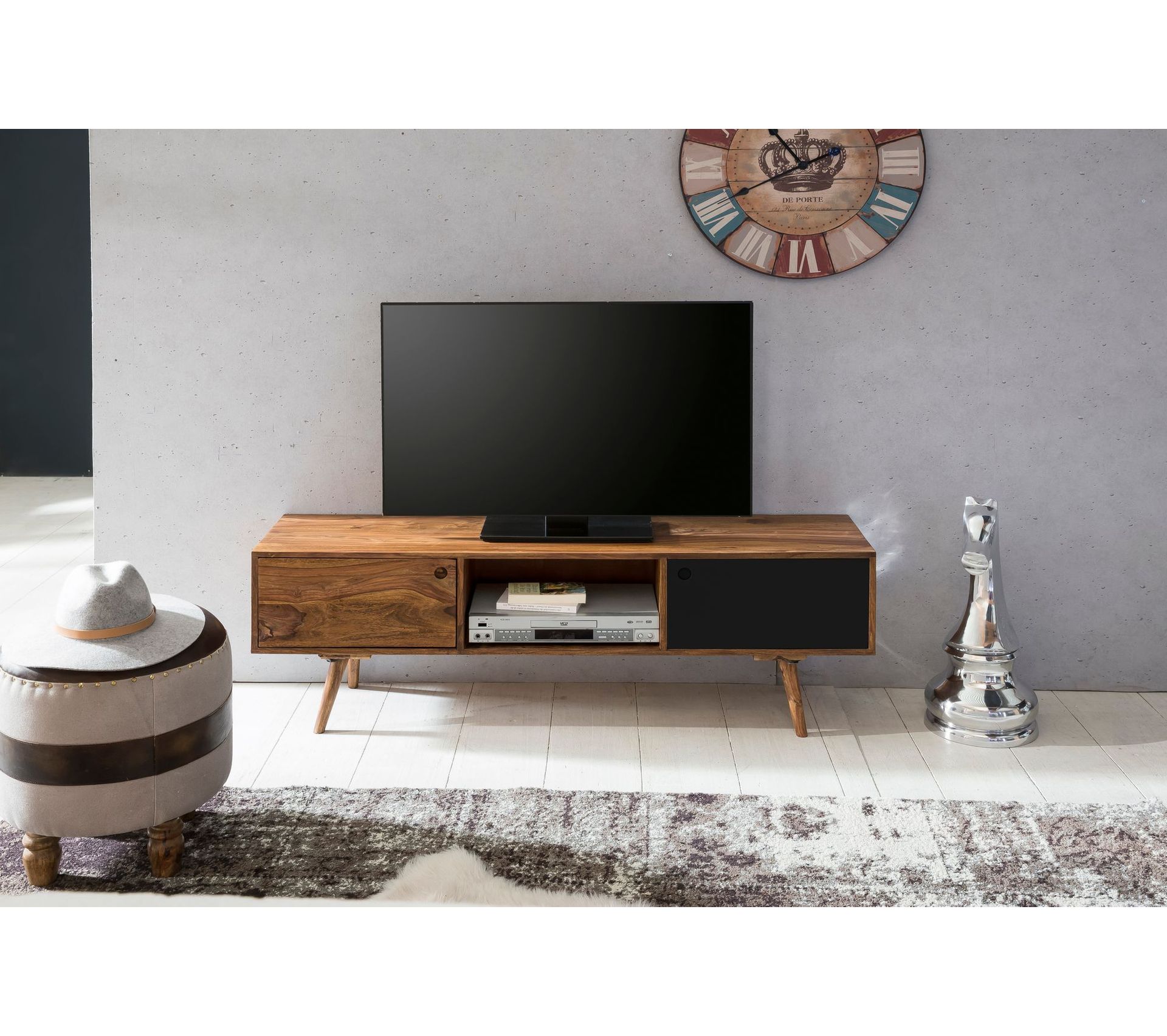 Meuble TV Bois Massif 140x45x35cm Lowboard TV Commode Étagère ...
