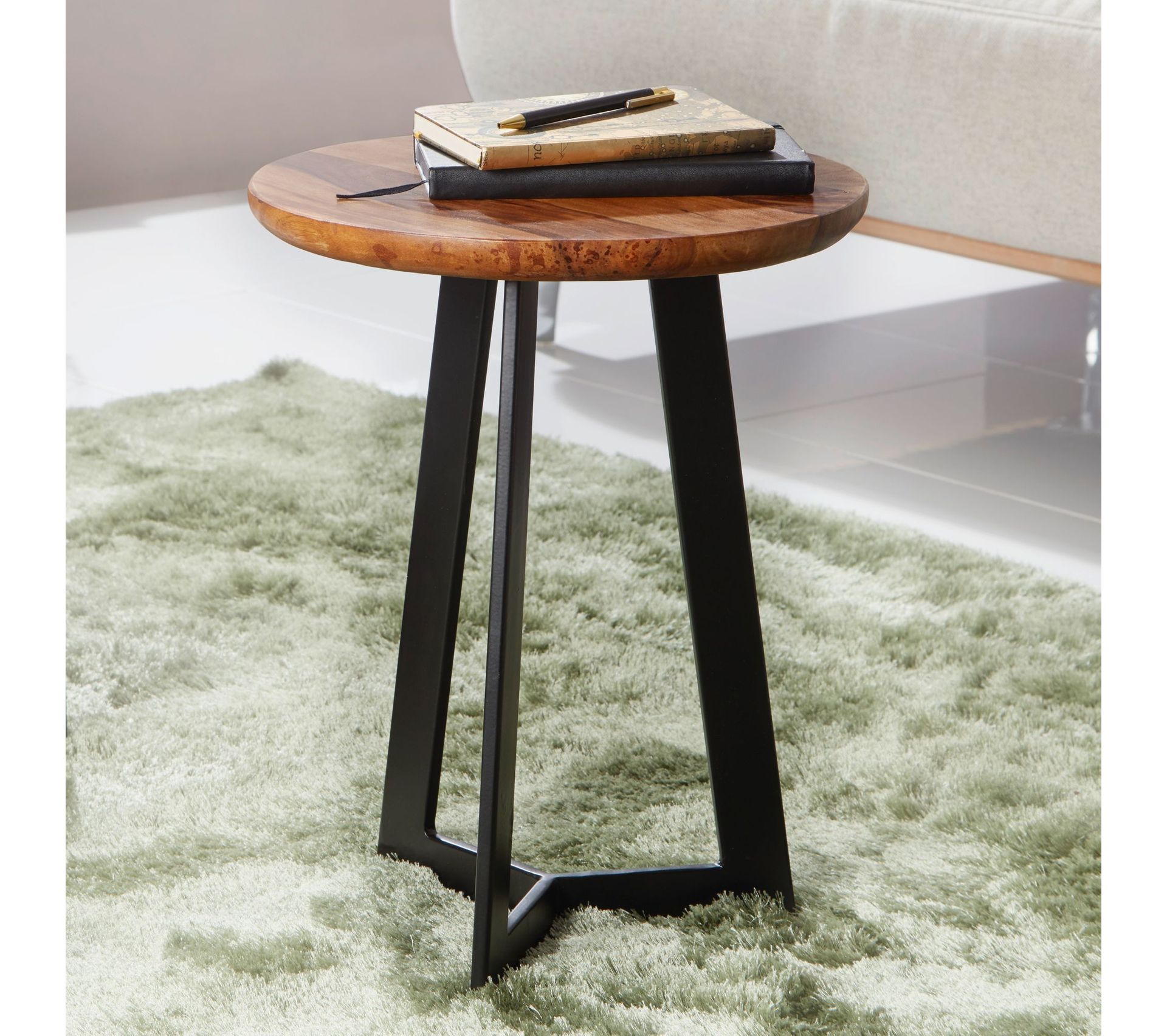 Table D'appoint Bois Massif / Métal Bout De Canapé Table De Salon Rond ...