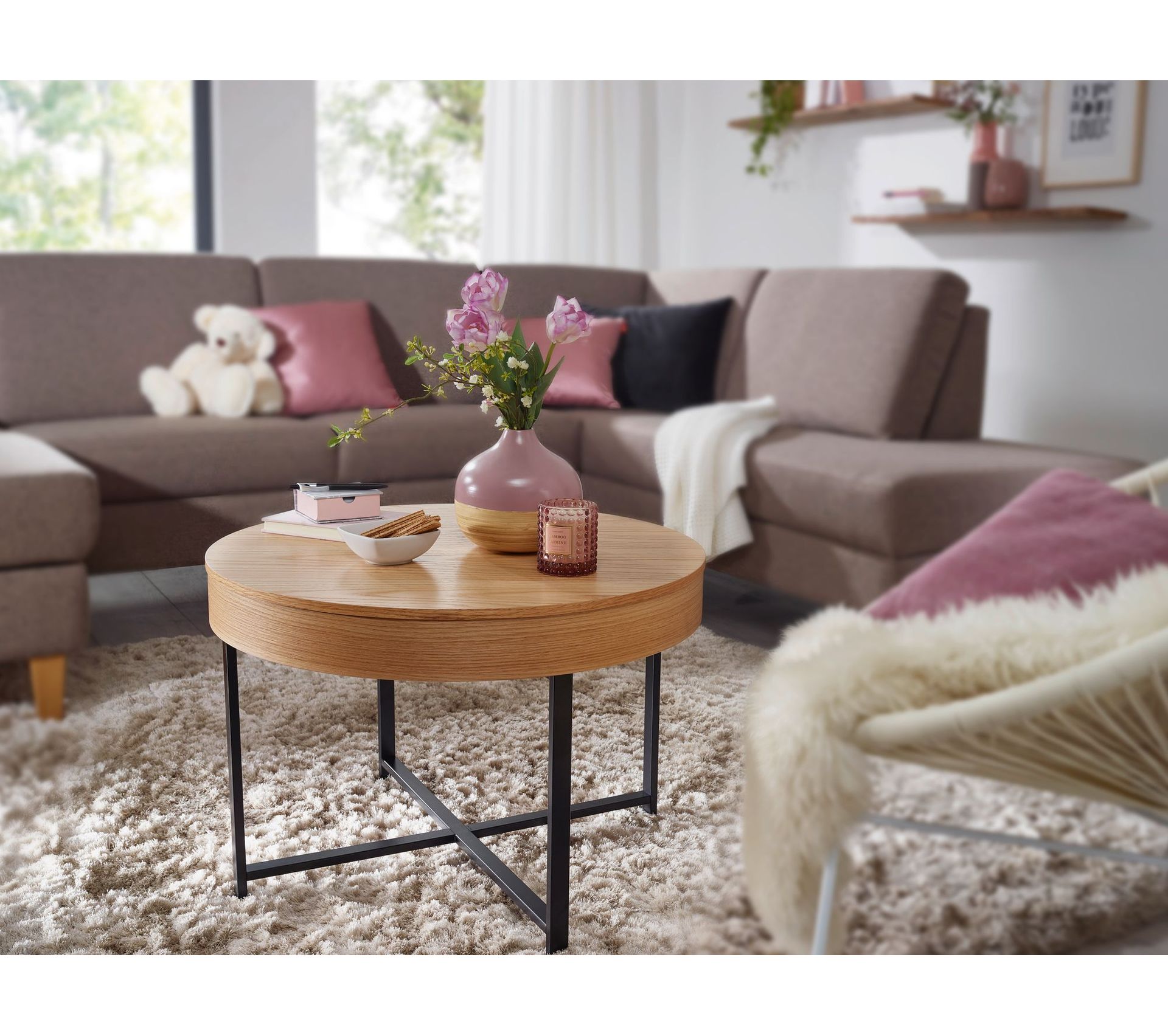 Table Basse Design Ø69 Pieds Métal Plaqué Chêne Table De Salon Espace ...