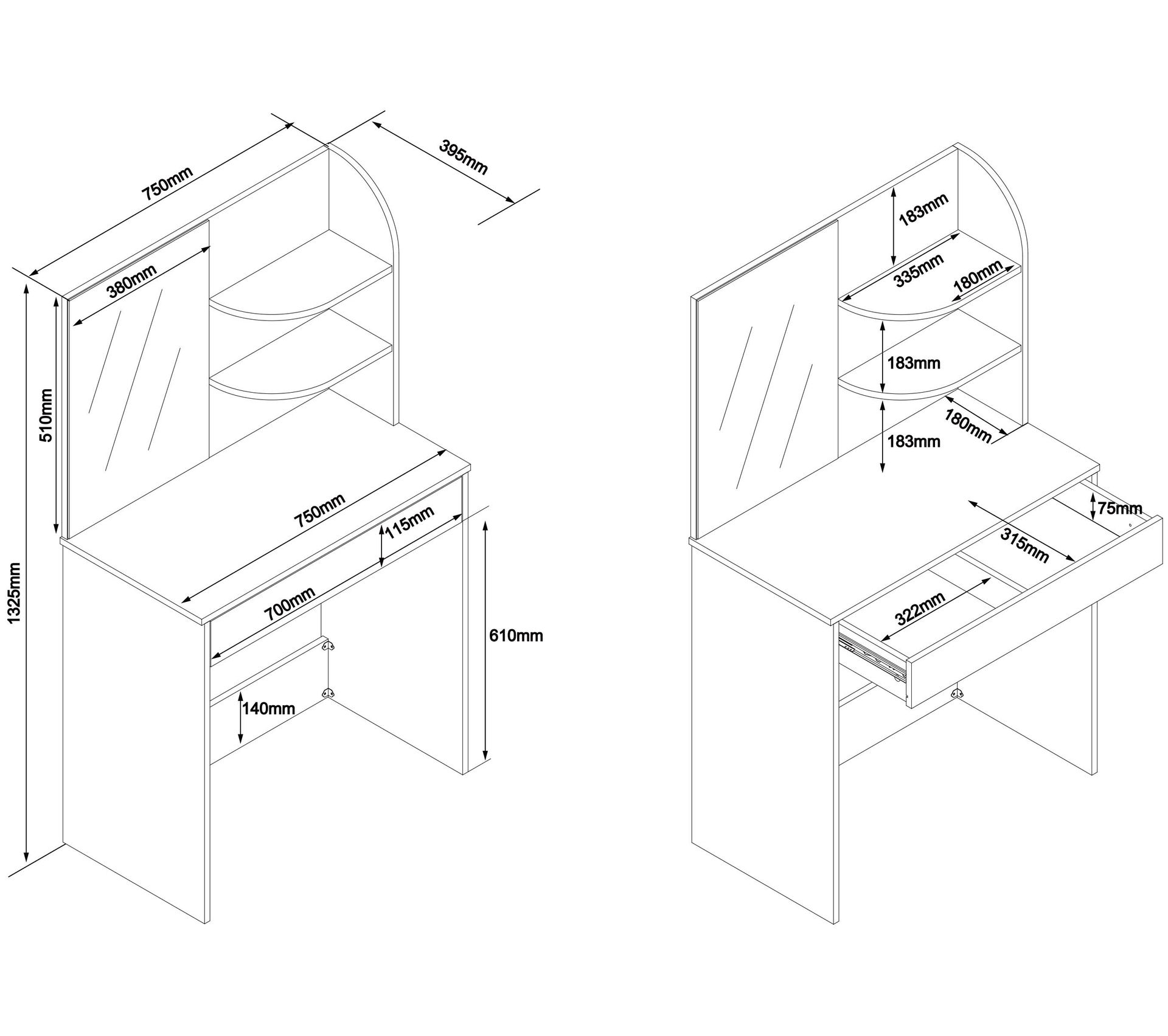 Coiffeuse pratique avec 2 tablettes et 1 tiroir LOVIA imitation chêne ...