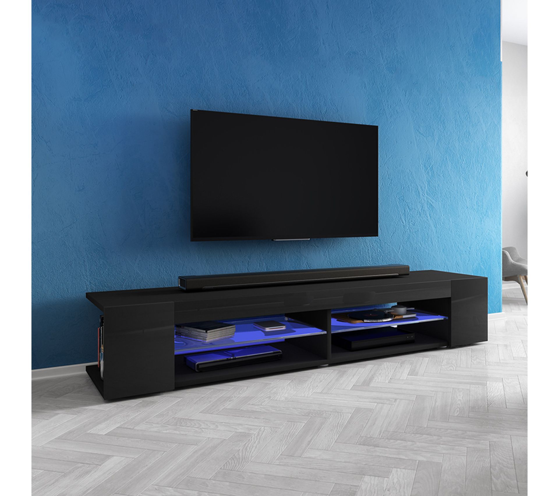 Meuble TV Mitchell 180 Cm, Noir Mat / Noir Brillant, Avec LED - Meuble ...