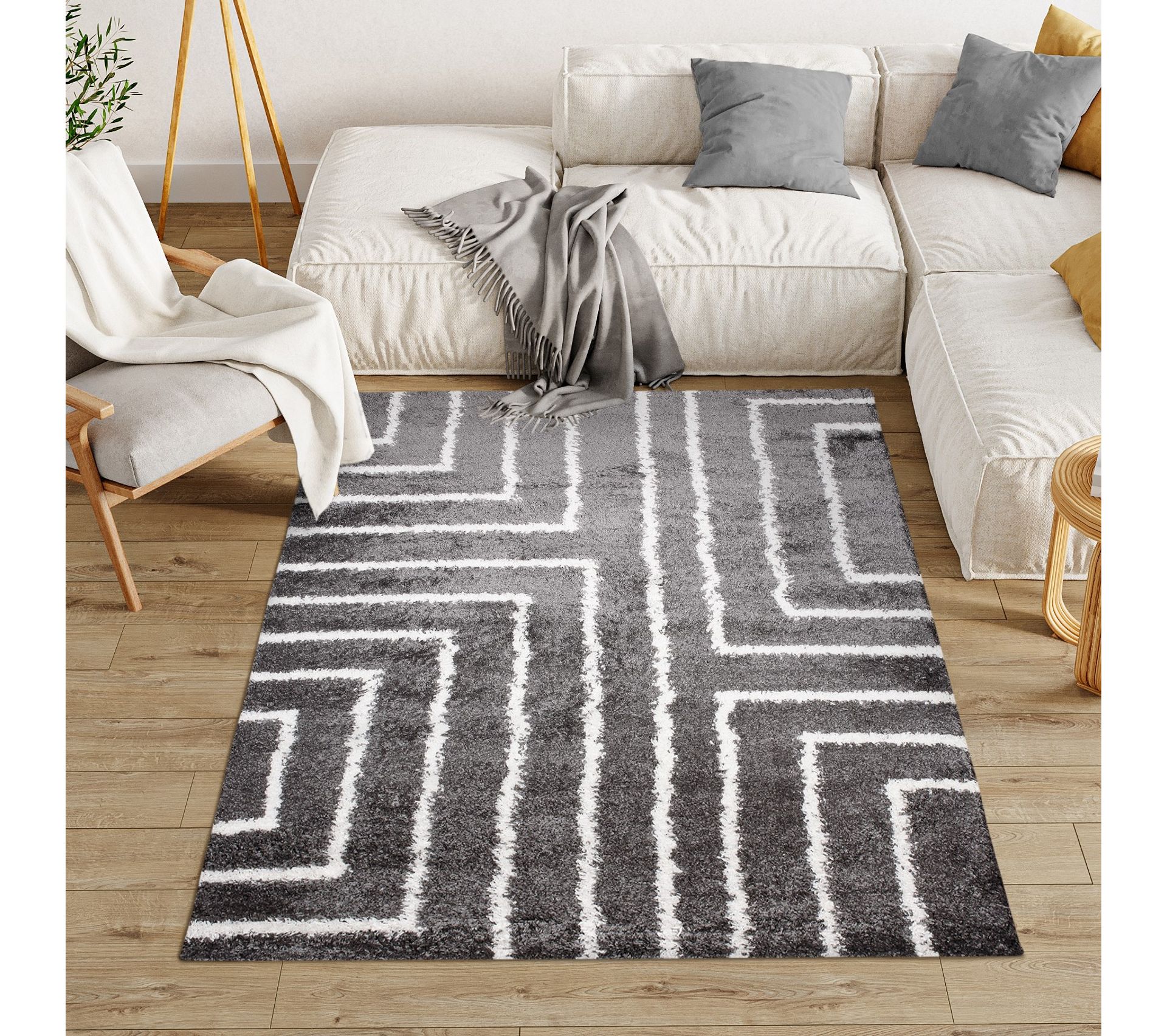 Tapis Salon Gris Foncé Blanc Géométrique Shaggy Poils Longs 300x400 ...