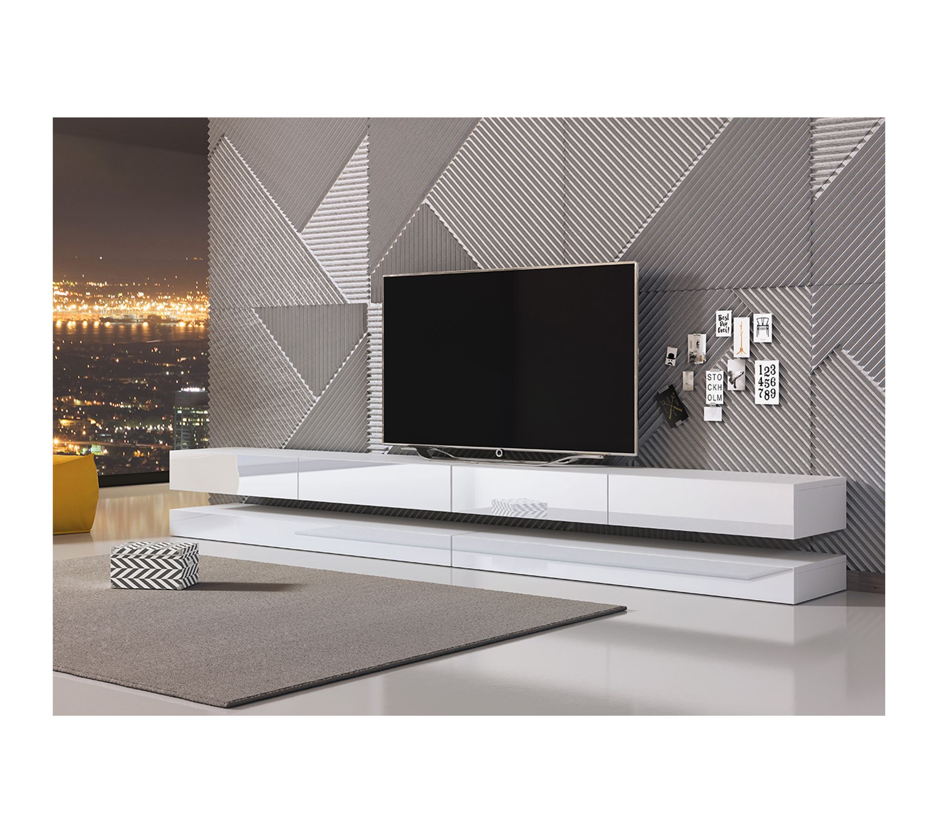 Meuble TV Suspendu Fly Double - 280 Cm - Blanc Mat / Blanc Brillant ...