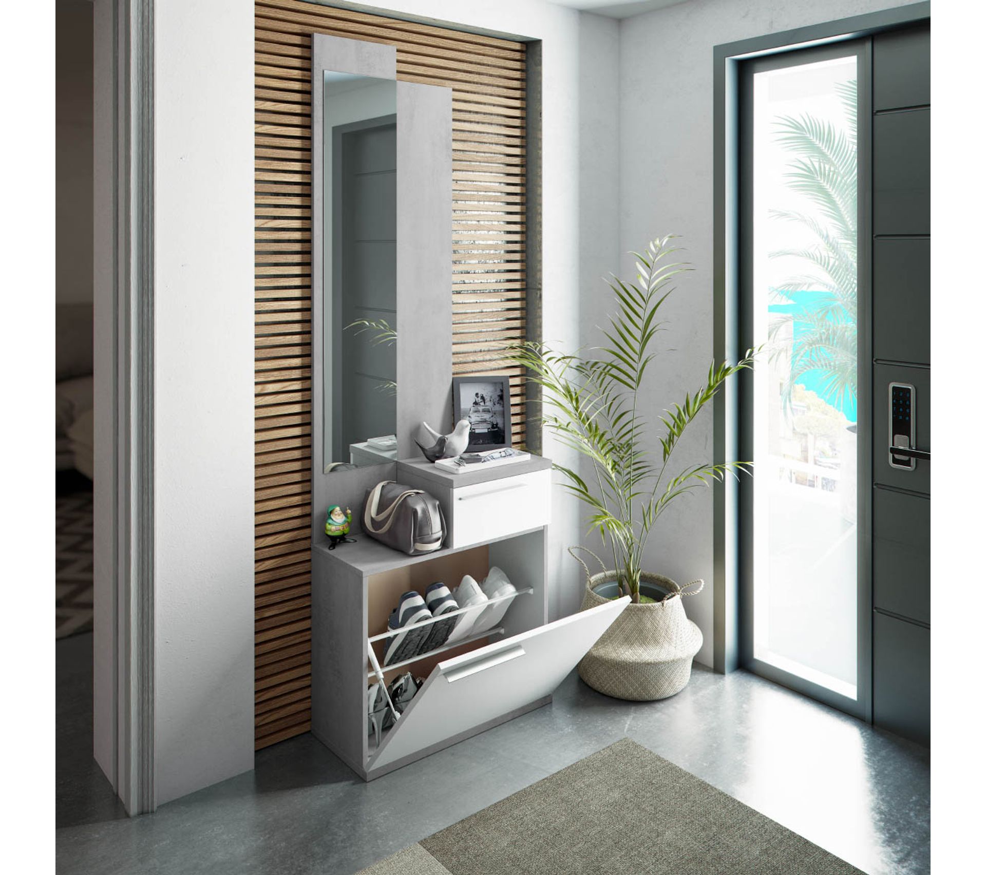 Meuble d'entrée, meuble de rangement coloris gris cendre, blanc ...