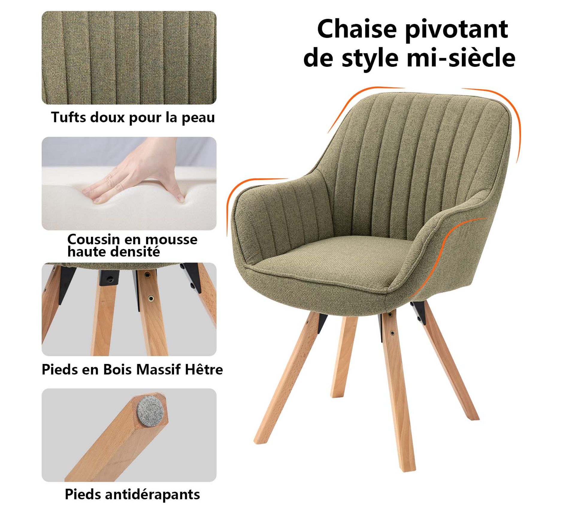 Chaise Salle à Manger Fauteuil Pivotant Avec Accoudoirs En Tissu Pieds ...
