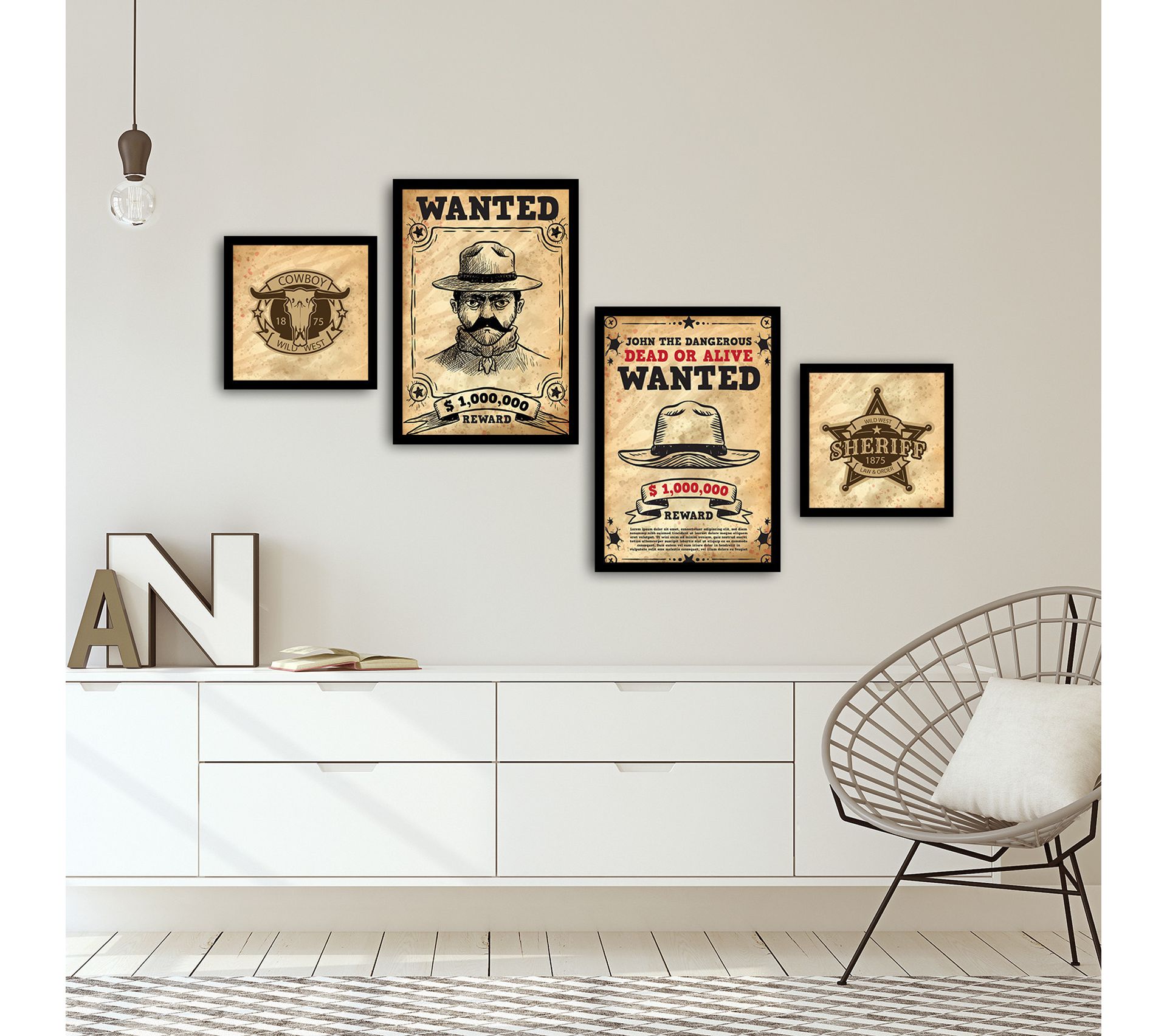 Set De 4 Tableaux Avec Cadres En Bois Noir Wayne Motif 'western' Noir ...