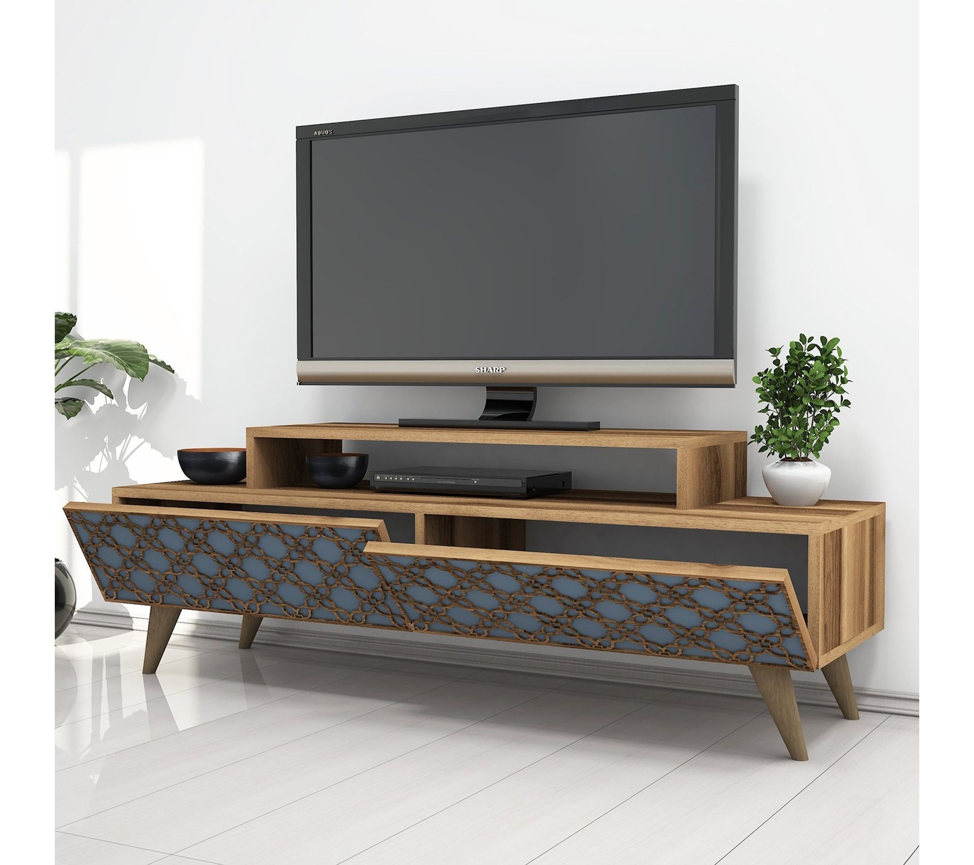 Meuble TV 2 Portes Battantes Dives 140 cm Bois Motif Arabesque Bleu ...